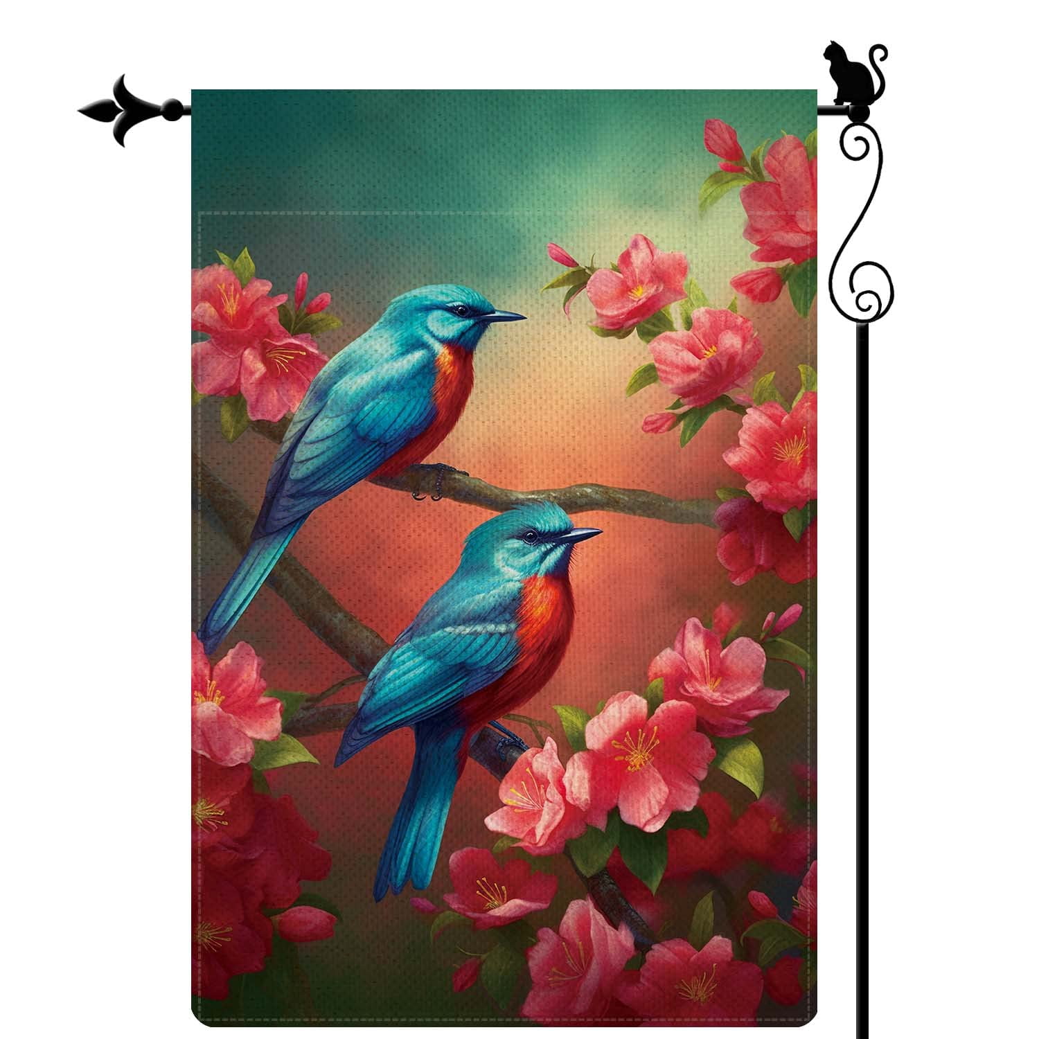 Two Blue Birds are Perched on Branches Surrounded by Flowers Garden ...