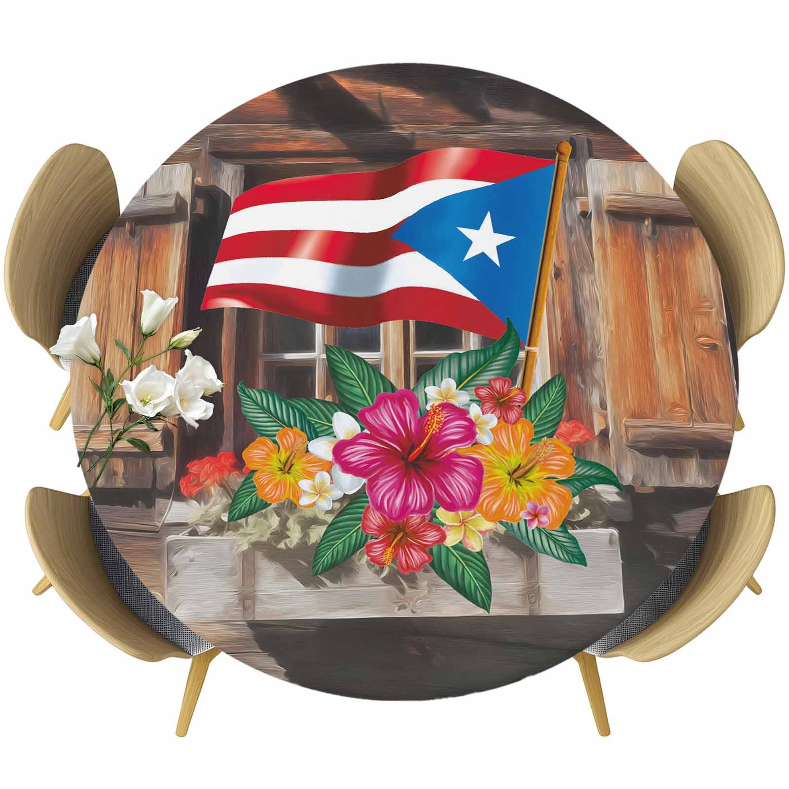 Puerto Rico Flag Round Tablecloth, Fitted Table Cover with Elastic for ...