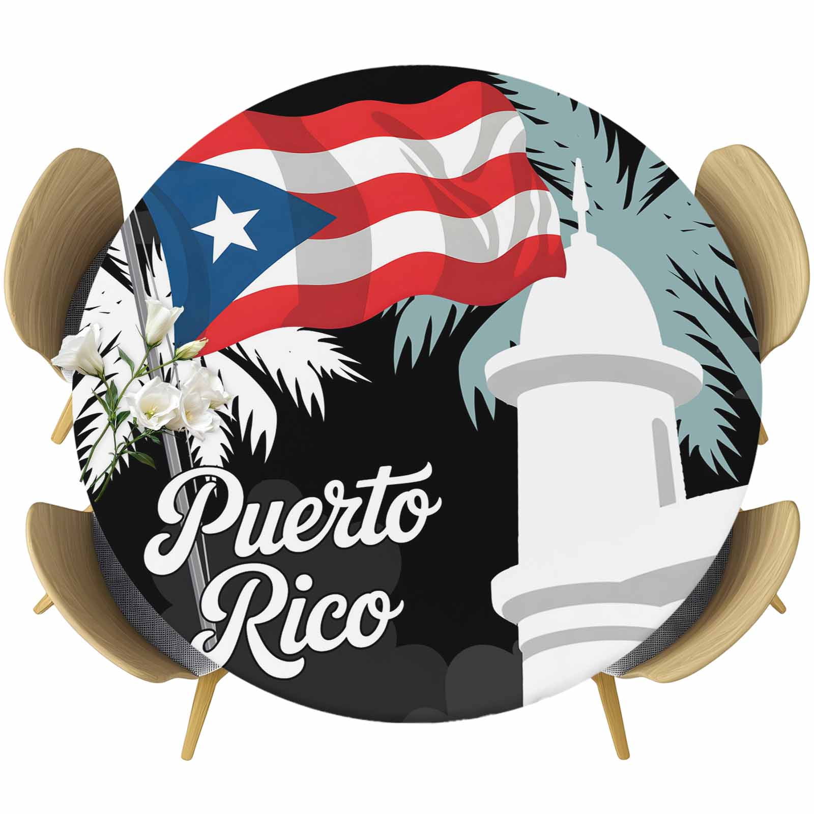 Puerto Rico Flag Round Tablecloth, Fitted Table Cover with Elastic for ...