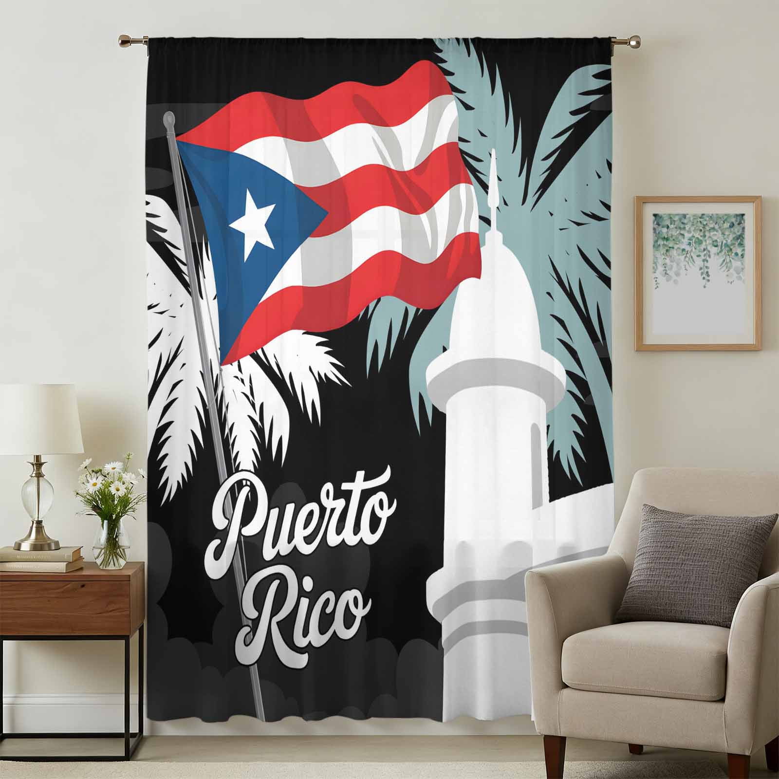 Puerto Rico Flag Sheer Curtains 108" Extra Long, Modern Art Palm Tree ...