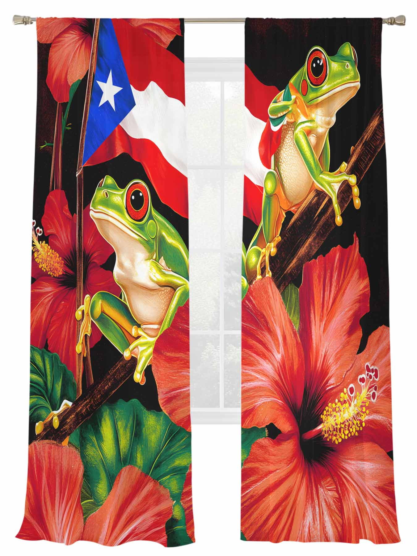 Puerto Rico Flag Sheer Curtains 108 Inch Length 2 Panels Set, Semi Transparent Voile Rod Pocket ...