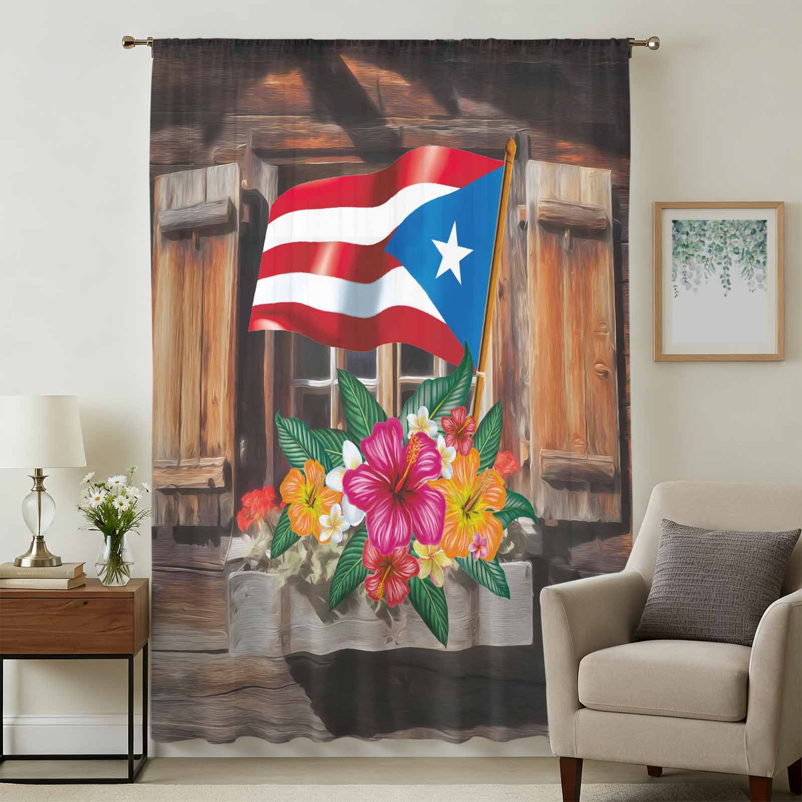 Puerto Rico Flag Sheer Curtains 63 Inches Long, Farmhouse Retro Flowers ...