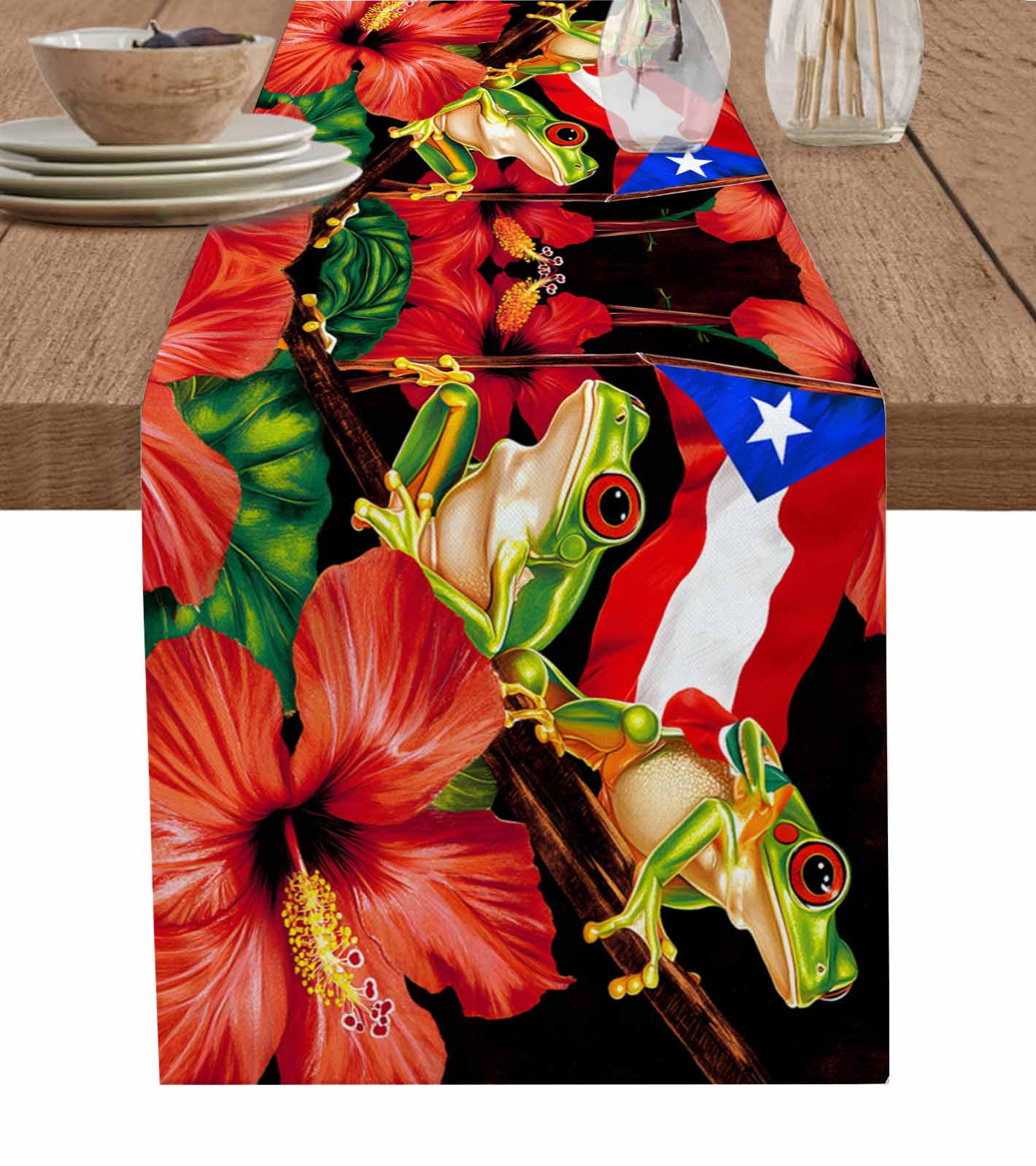 Puerto Rico Flag Table Runner Frog Red Flower Summer Leaf Tablerunners ...