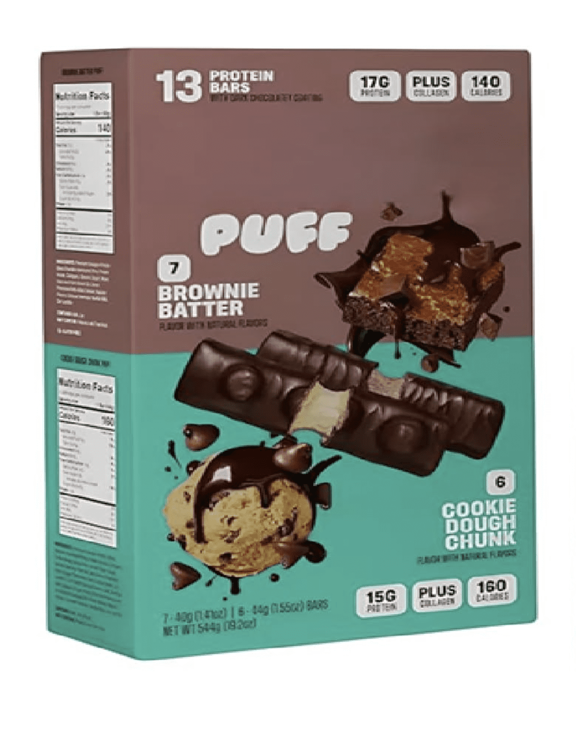 Puff Protein Bars,7 Brownie Batter, 6 Cookie Dough Chunk Flavor 17g Protein, Gluten Free, 19.2 ...