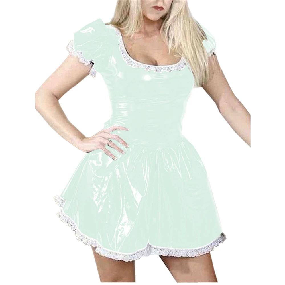 Puff Short Sleeve PVC Shiny A-line Pleated Dress Women Sweet Lace ...