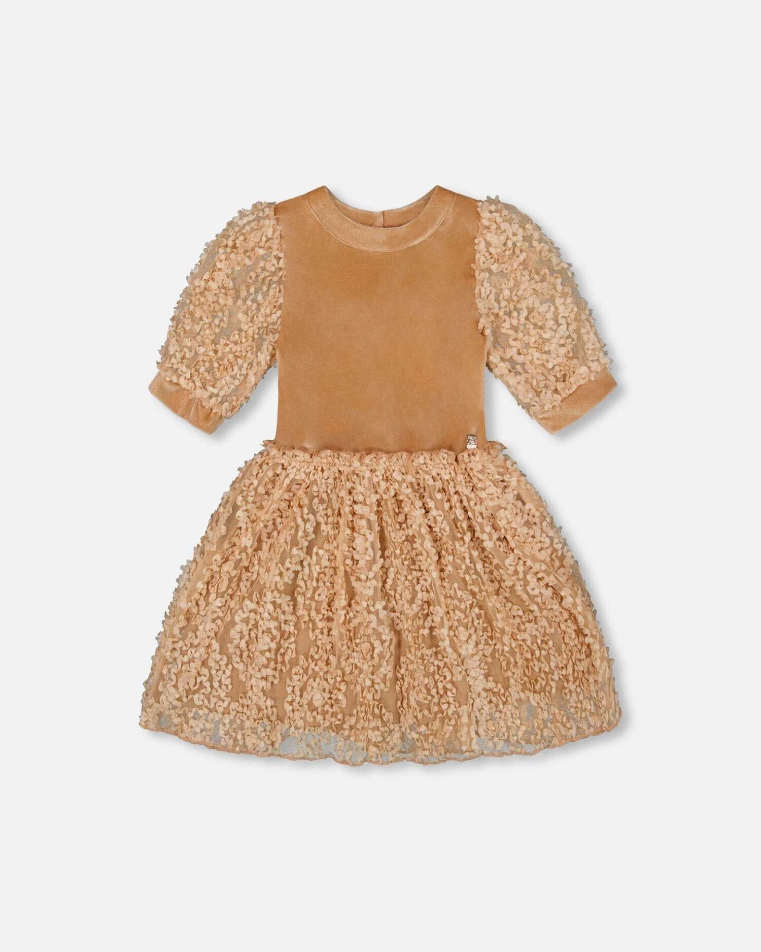 Puff Sleeve Bi-Material Velour And Lace Dress Light Caramel - Walmart.com