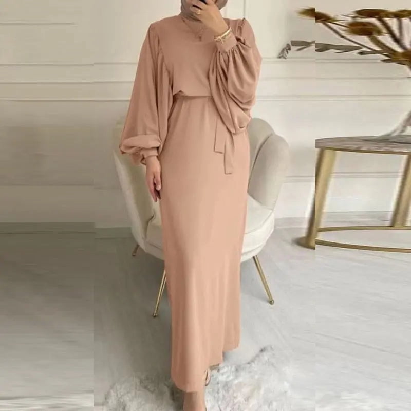 Puff Sleeve Muslim Dress Women Abaya Kaftans Casual Evening Dresses ...