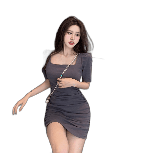 Puff Sleeved Tight Dress Sexy Square Neck Pleated Waist Slimming Hip Hugging Short Skirt Hot