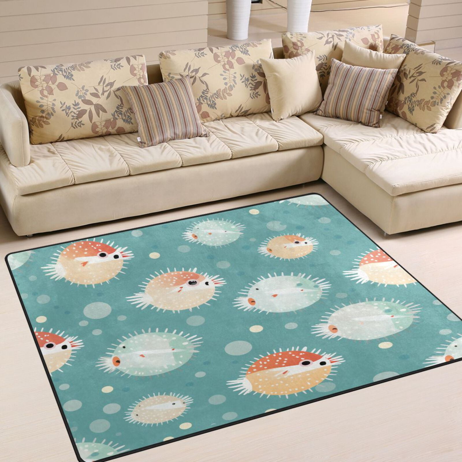 Puffer Fish Spots Green Area Rug Washable 80 x 58 Floor Carpet Mat Non ...