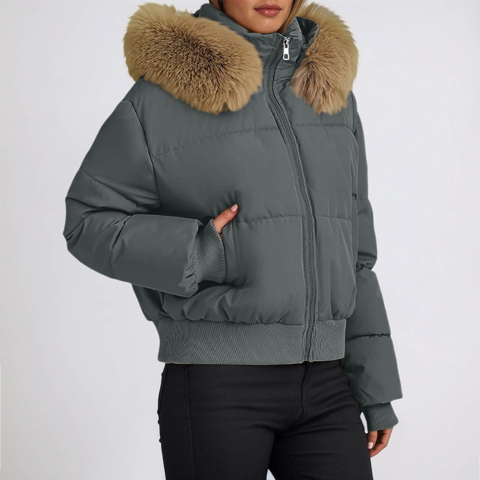 Puffer Jacket Womens High Neck Full Zip Up Short Waisted Crop Down ...
