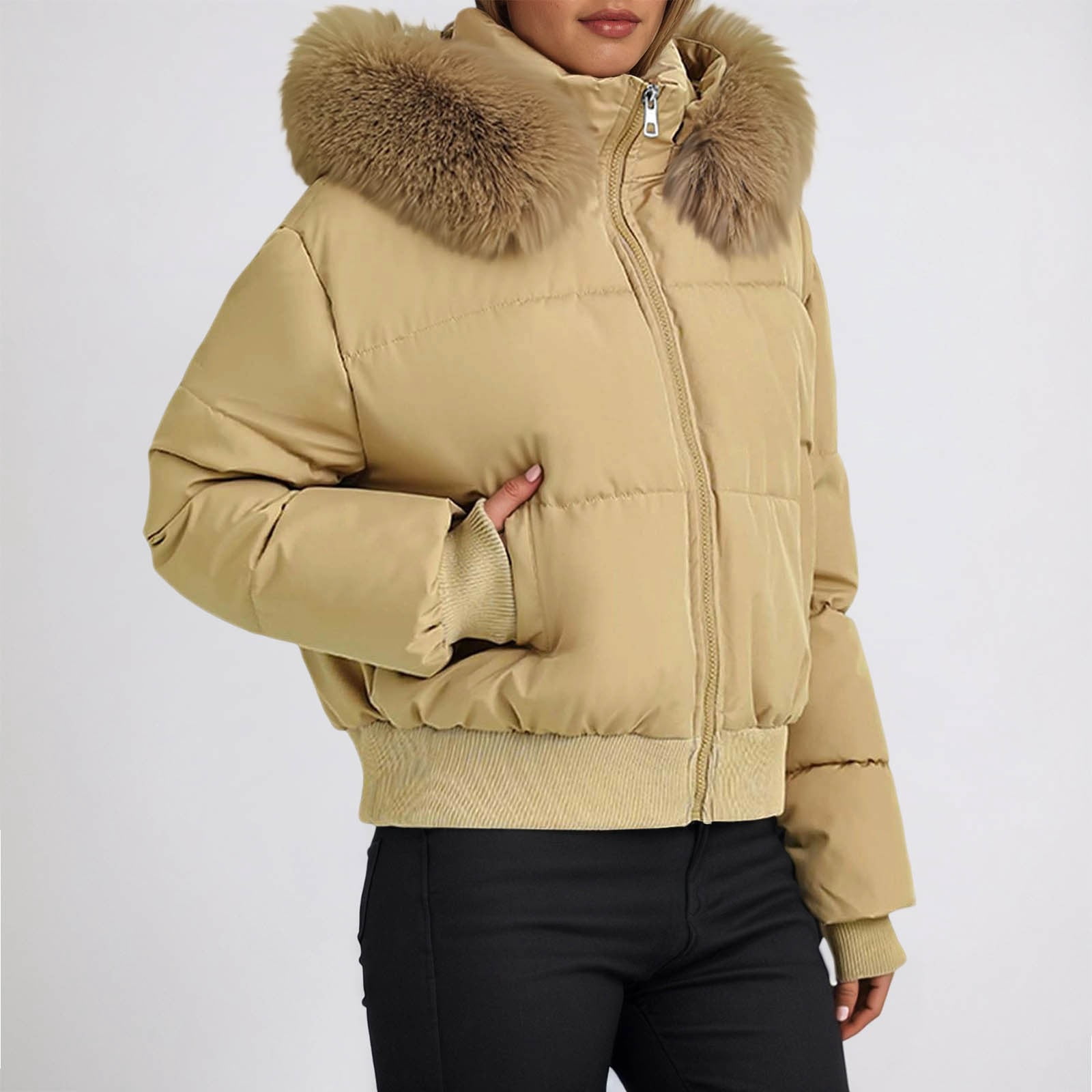 Puffer Jacket Womens High Neck Full Zip Up Short Waisted Crop Down ...