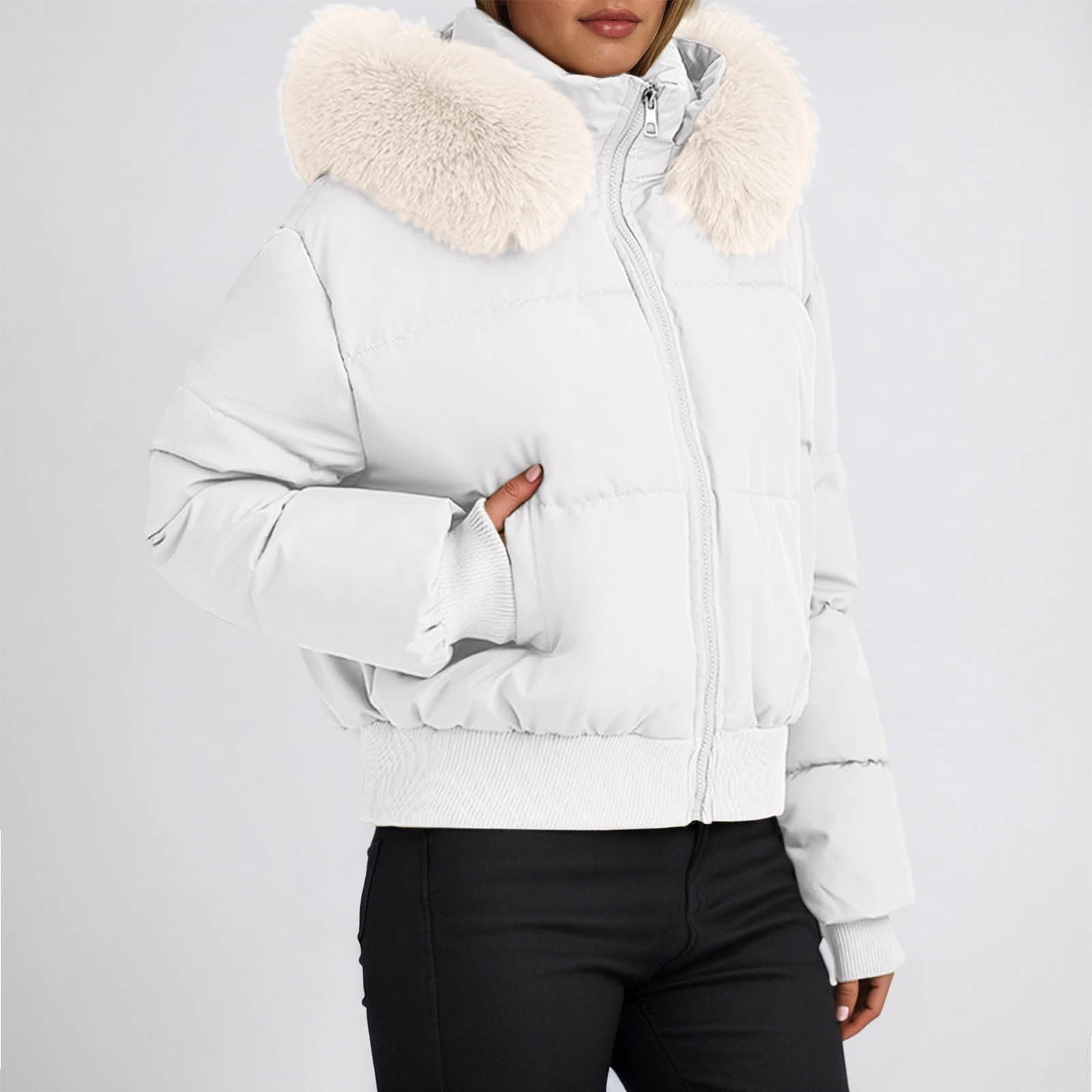 Puffer Jacket Womens High Neck Full Zip Up Short Waisted Crop Down ...