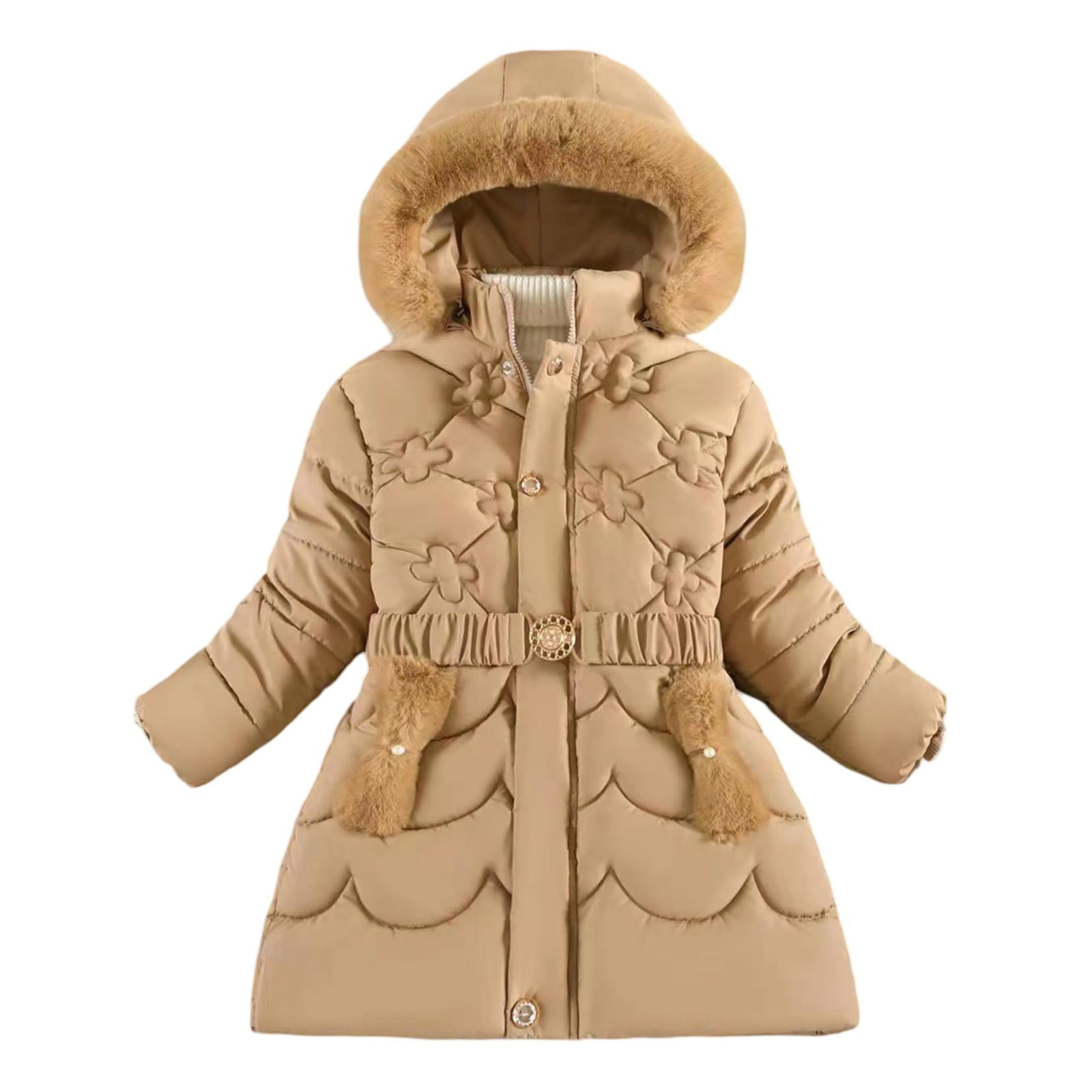 Puffer Jacket for Girls -Lined Hooded Belt Soild Color Print Zip Up ...