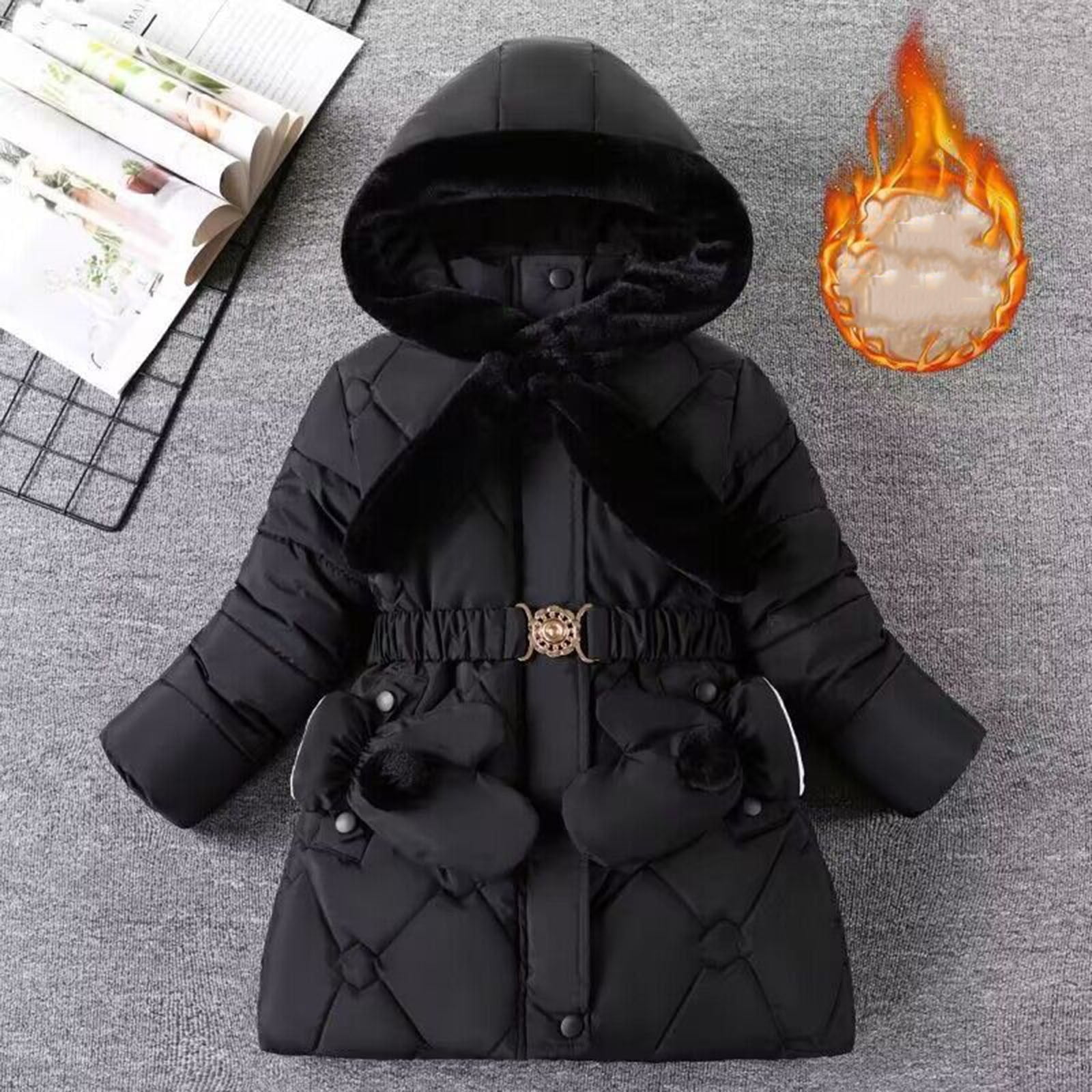 Puffer Jackets for Girls Fleece Lined Coats with Pockets Hooded Belt ...
