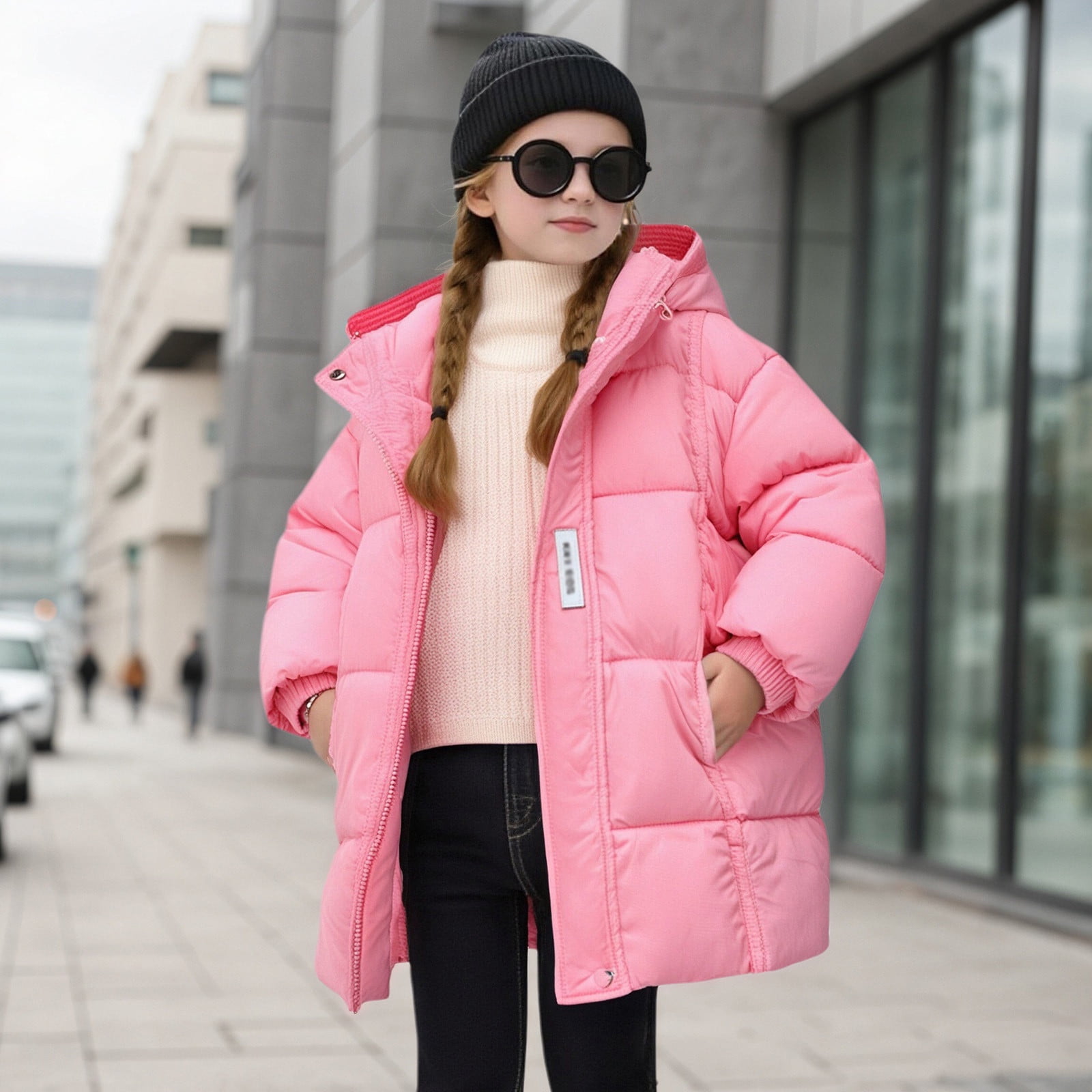 Puffer Jackets for Girls Ticken Quilted Mid Length Down Coat with Hood ...
