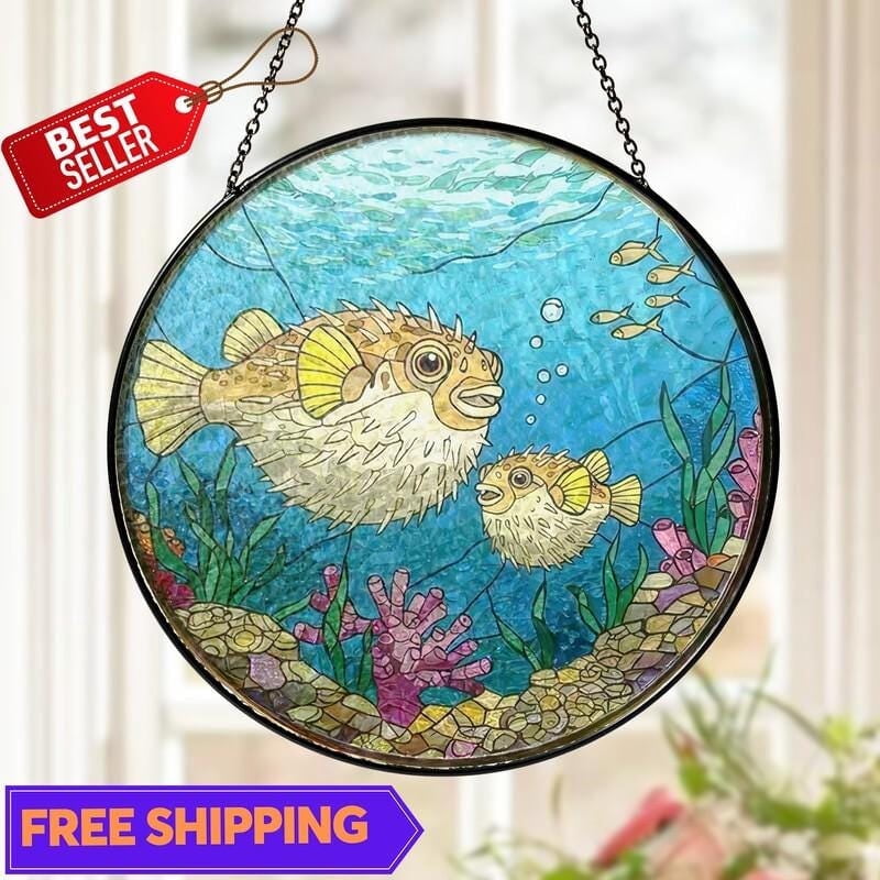 Pufferfish Coral Reef Round Stained Glass Suncatcher Ocean Theme Window ...