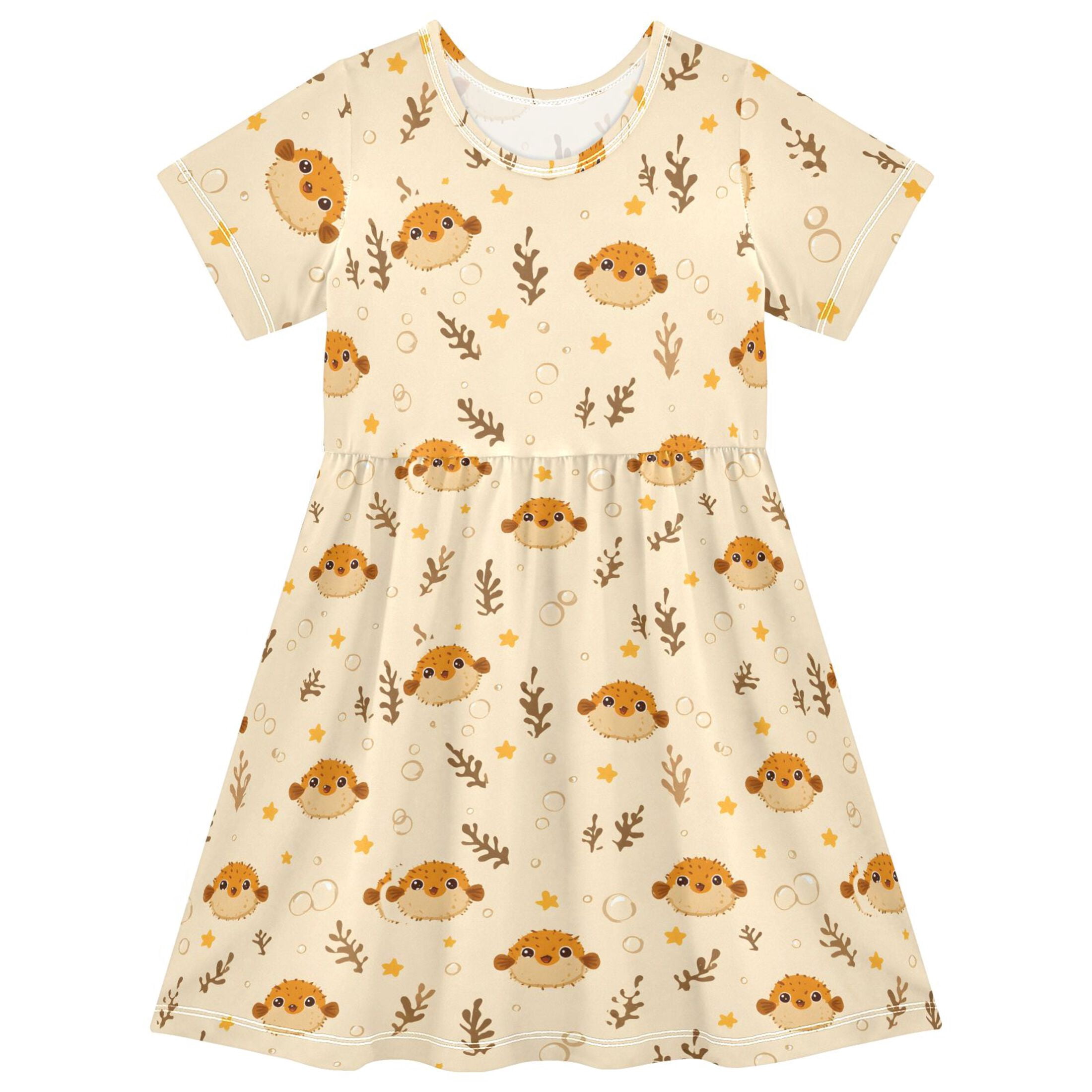 Pufferfish Short Sleeve Dress A-Line Cute Midi Casual Sundress 2-8 ...