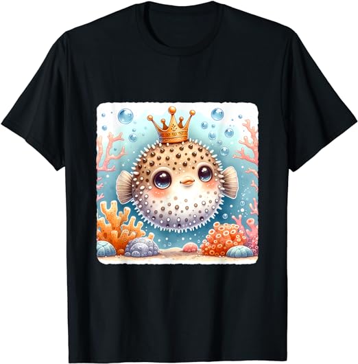 Pufferfish With Tiny Crown Underwater. Ocean Coral Bubbles T-Shirt ...