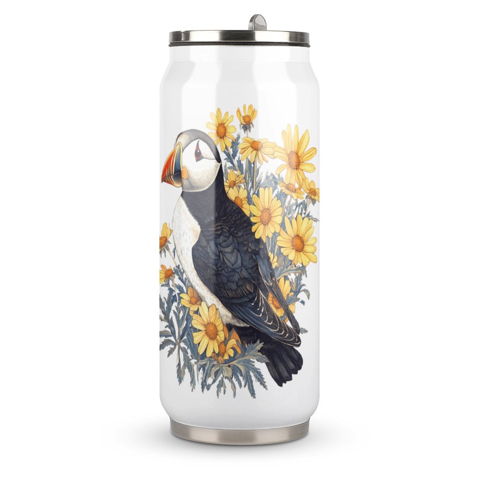 Puffin And Yellow Daisies Coffee Tavel Tumblers with Lid and Straw ...