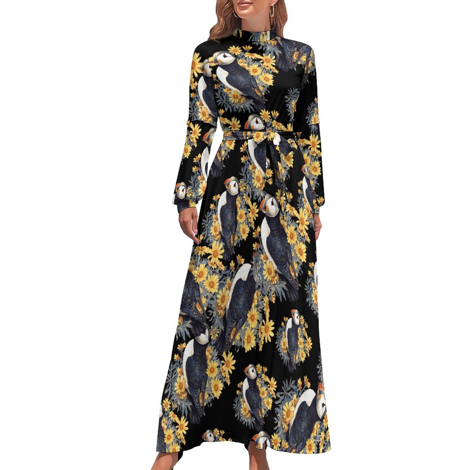 Puffin And Yellow Daisies Women's Fall Maxi Dress Long Sleeve ...