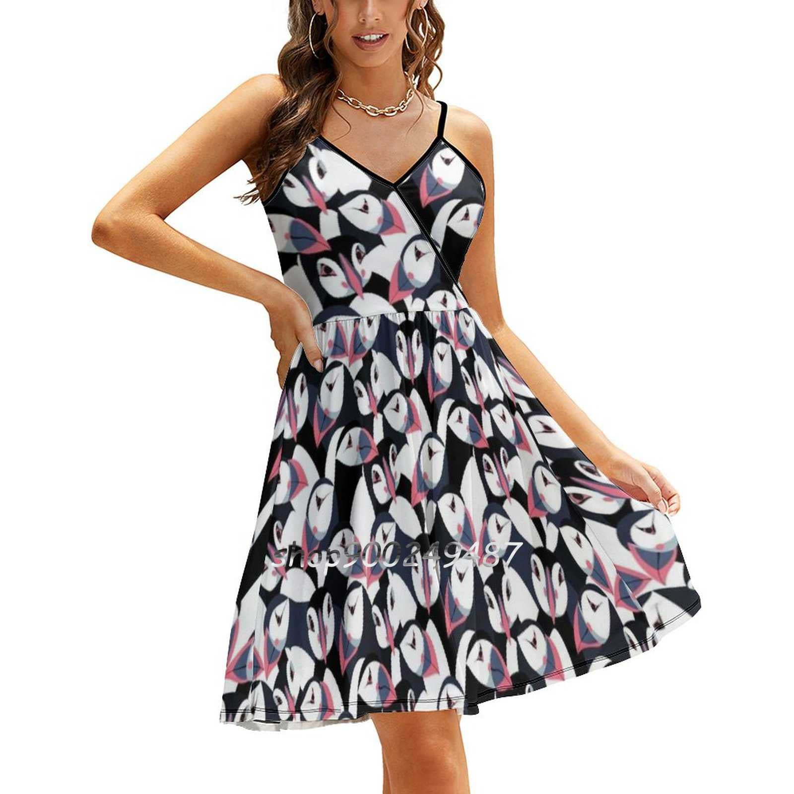 Puffins Square Neck Dress Sweet Summer Dress Women Elegant Halter Print ...