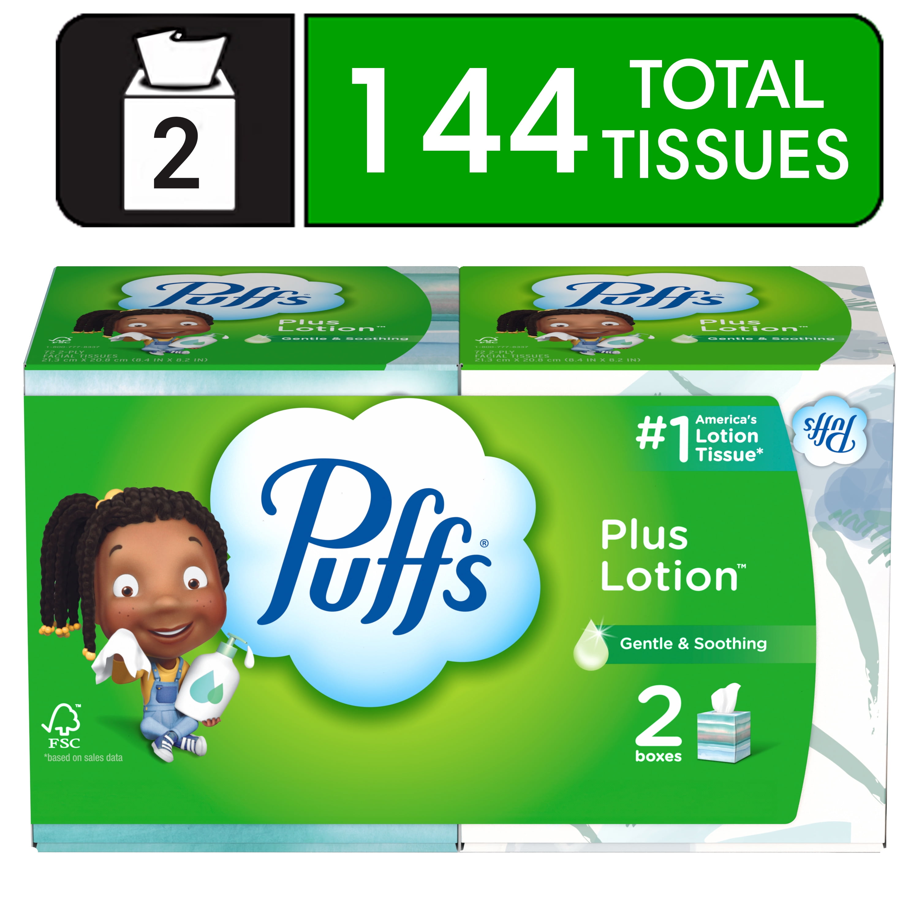 Puffs Plus Lotion Facial Tissues, 2 Mega Cubes, Green, 72 Tissues per ...