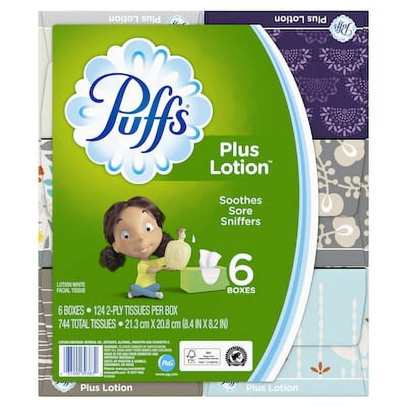 Puffs Plus Lotion Facial Tissue, 2-Ply, 124 Sheets/Box, 6 Boxes/Pack ...