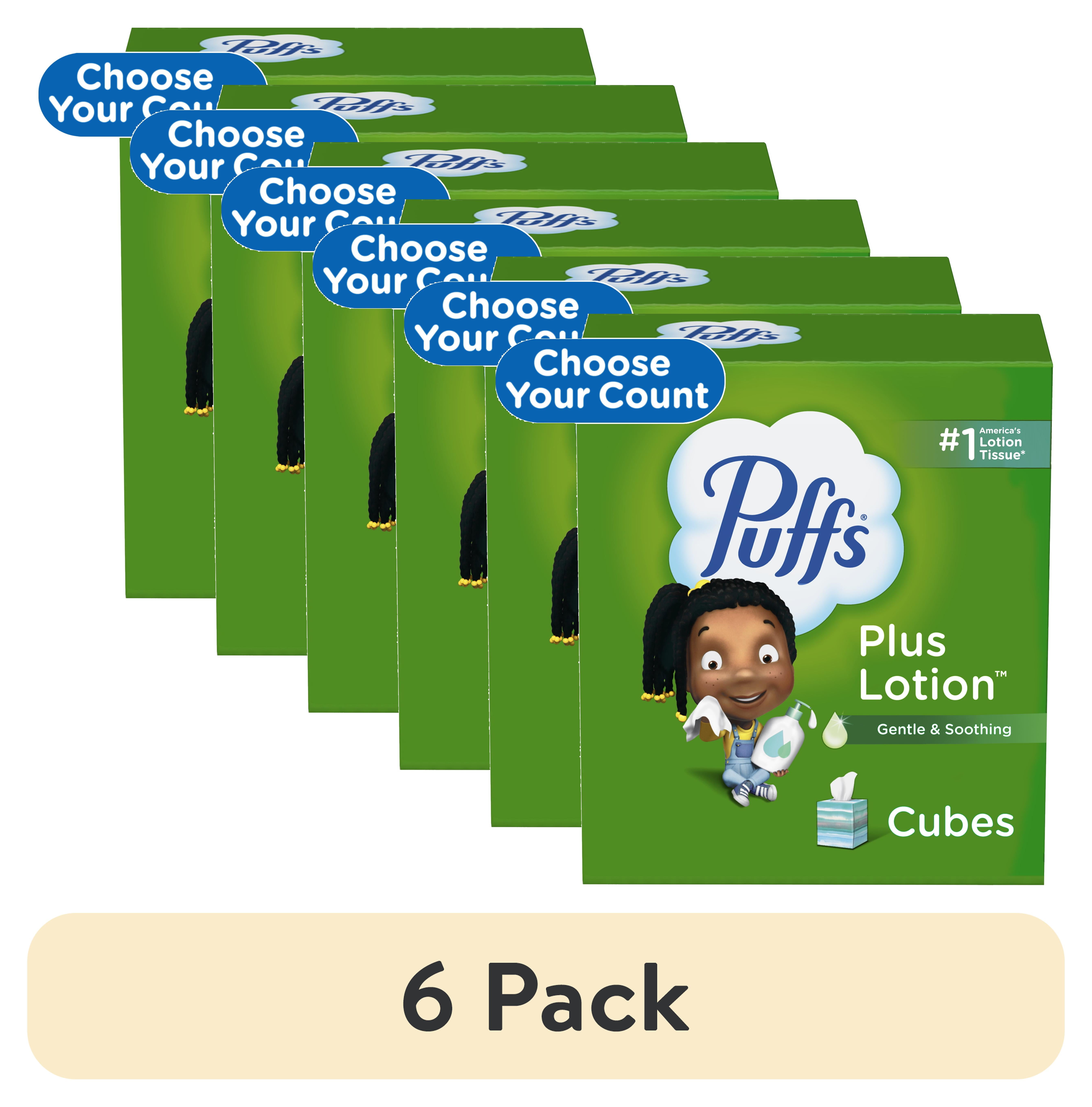 (6 pack) Puffs Plus Lotion Facial Tissue, 4 Mega Cube Boxes, 72 Tissues ...