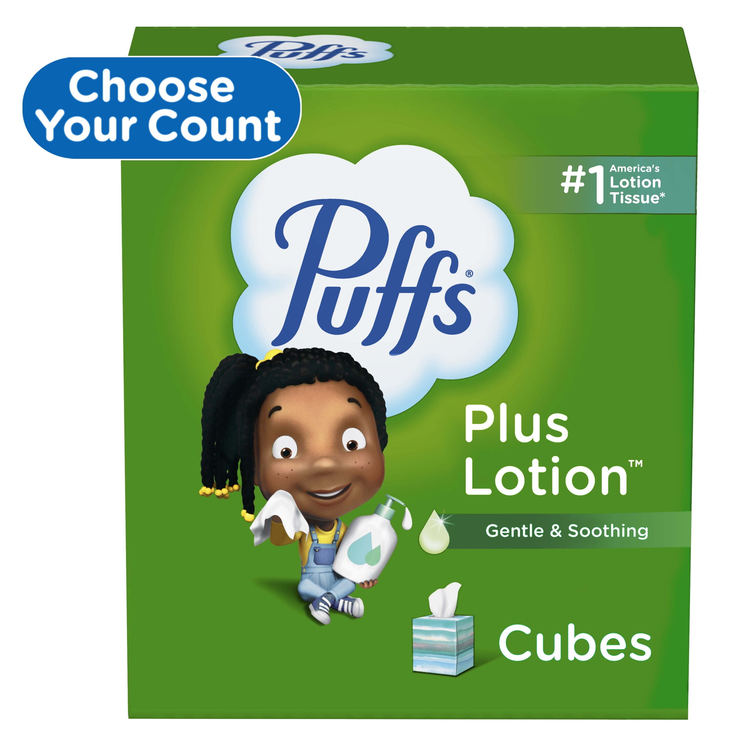 Puffs Plus Lotion Facial Tissue, 4 Mega Cube Boxes, White, 72 Tissues ...
