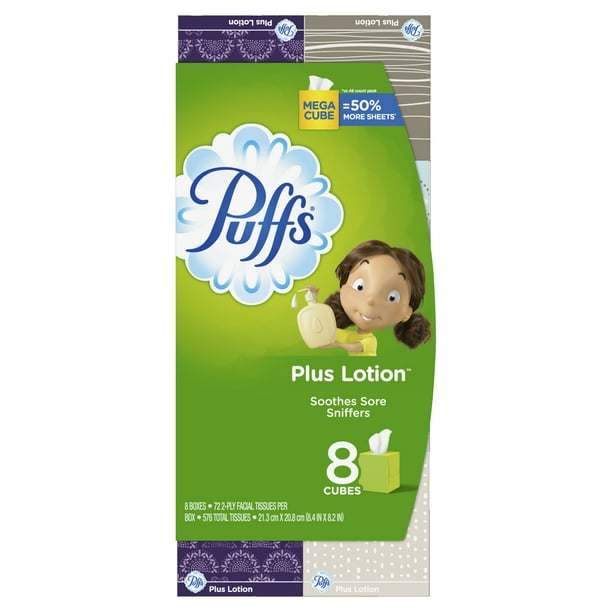 Puffs Plus Lotion Facial Tissue, 8 Mega Cubes, 72 Facial Tissues per ...