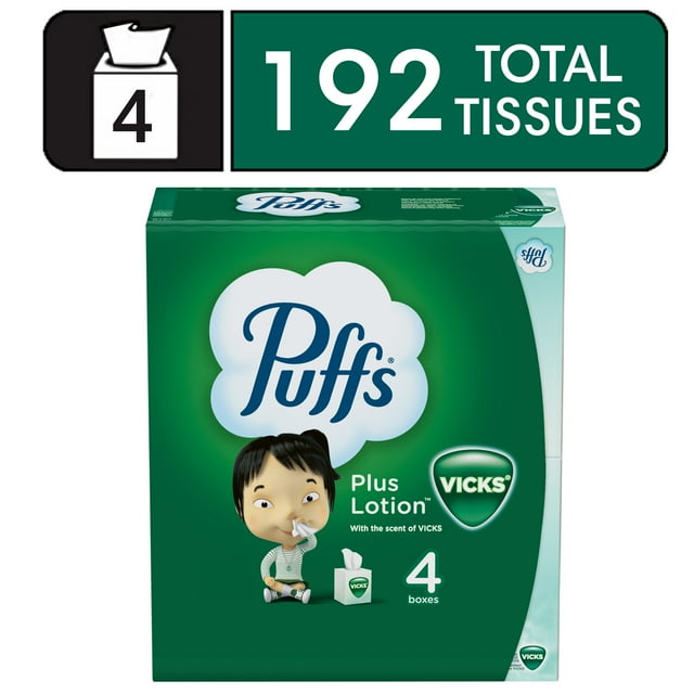 Puffs Plus Lotion, Vicks Scented Facial Tissues, White, 4 Cubes, 48 ...