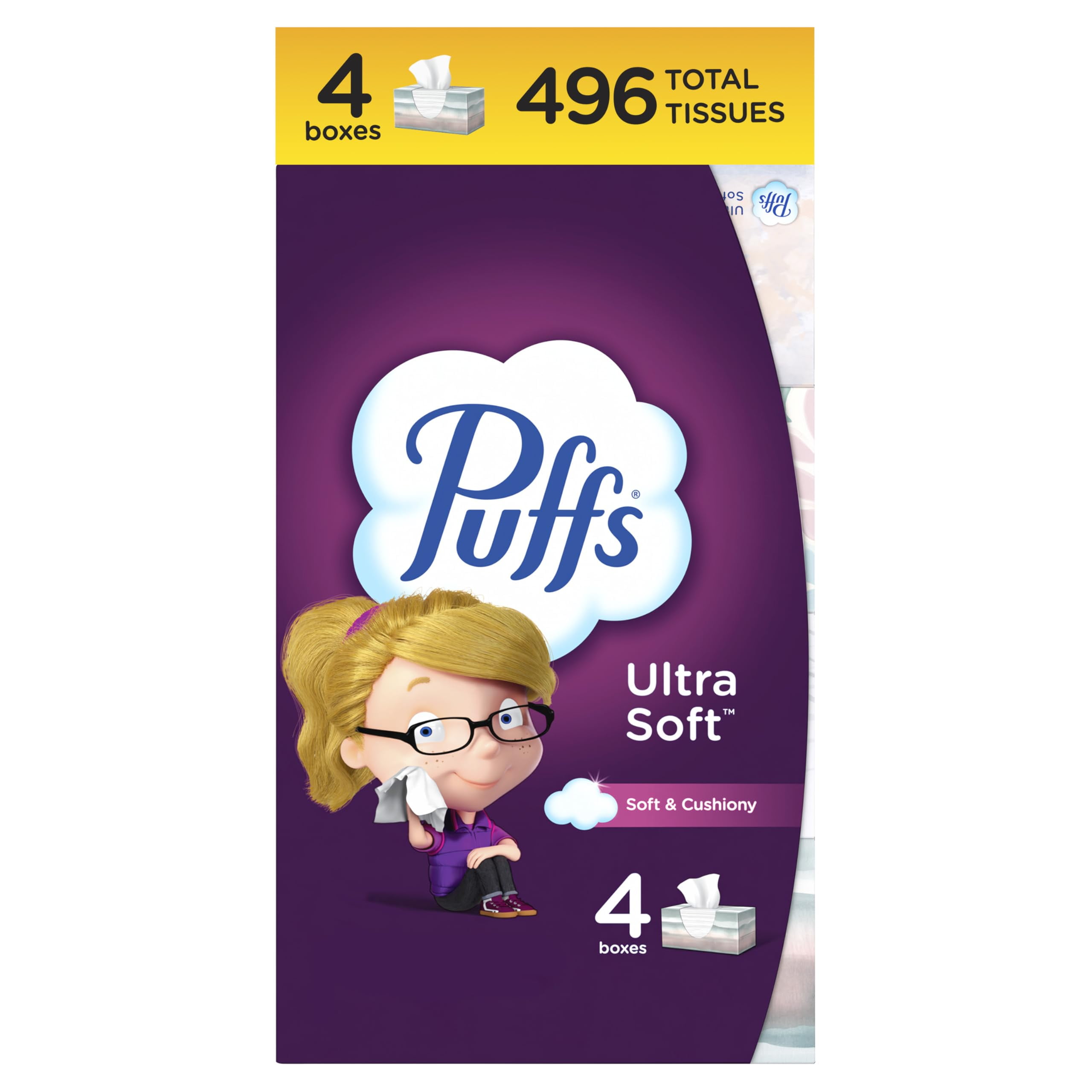 Puffs Ultra Soft Facial MMF7 Tissues, 4 Family Size Boxes, 124 Facial ...