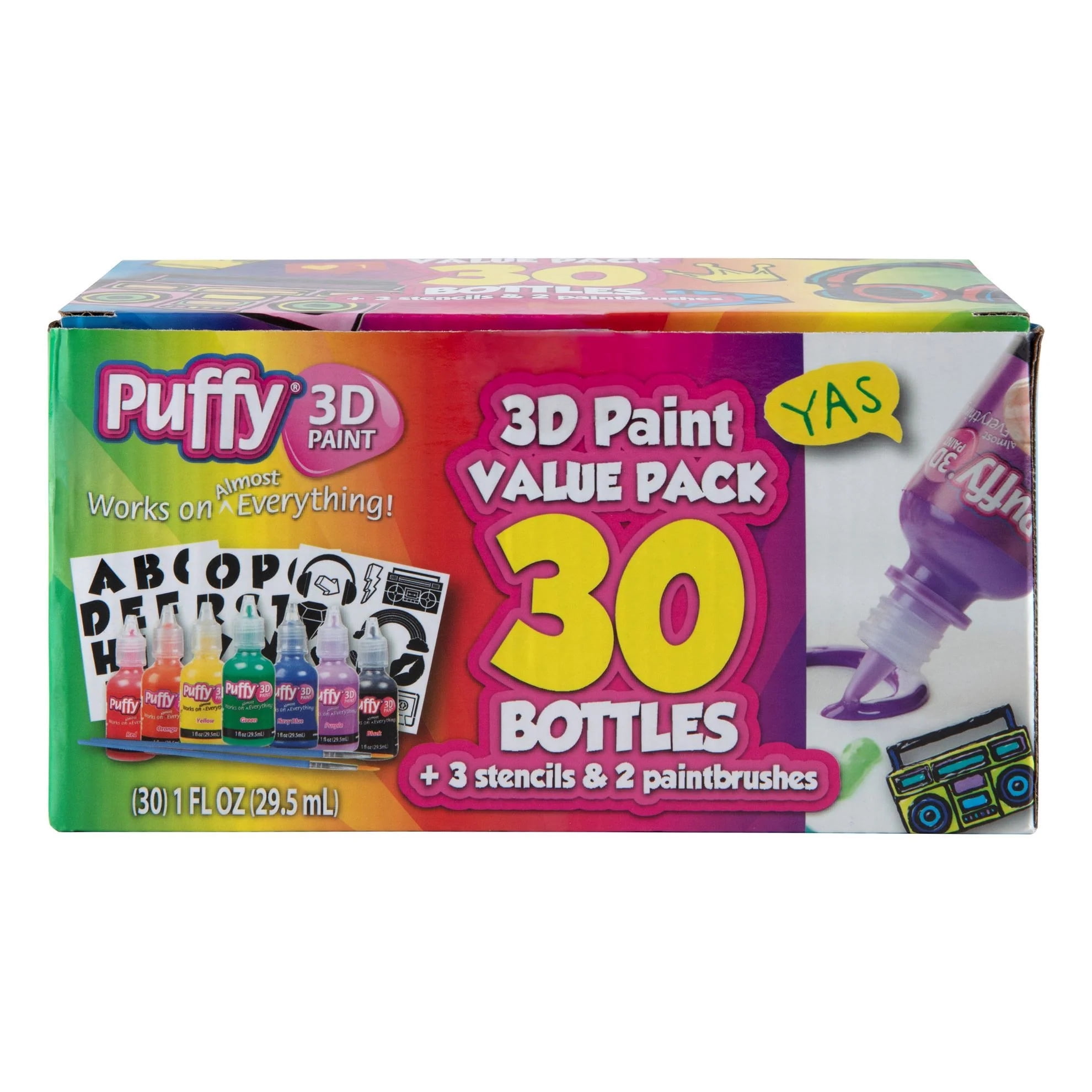 Puffy Craft 3D Paint Set, 30 Multicolor Acrylic Bottles with Stencils ...