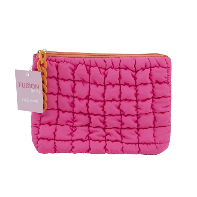 Puffy Zip Cosmetic Pouch 9" Wide. Quilted Bright Pink Pouch with Bright ...