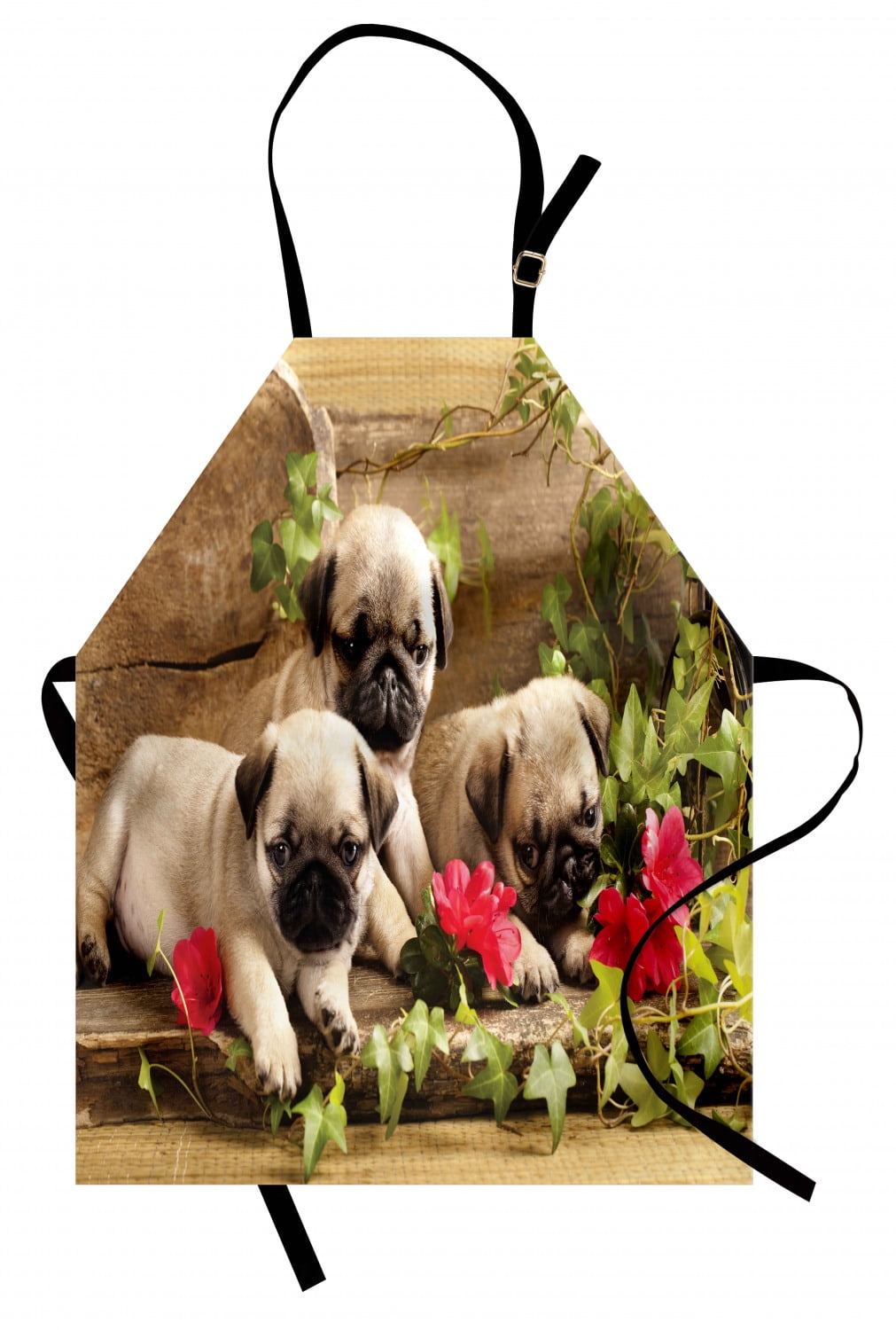 Pug Apron Cute Sibling Puppies with Floral Arrangement in front Wooden ...