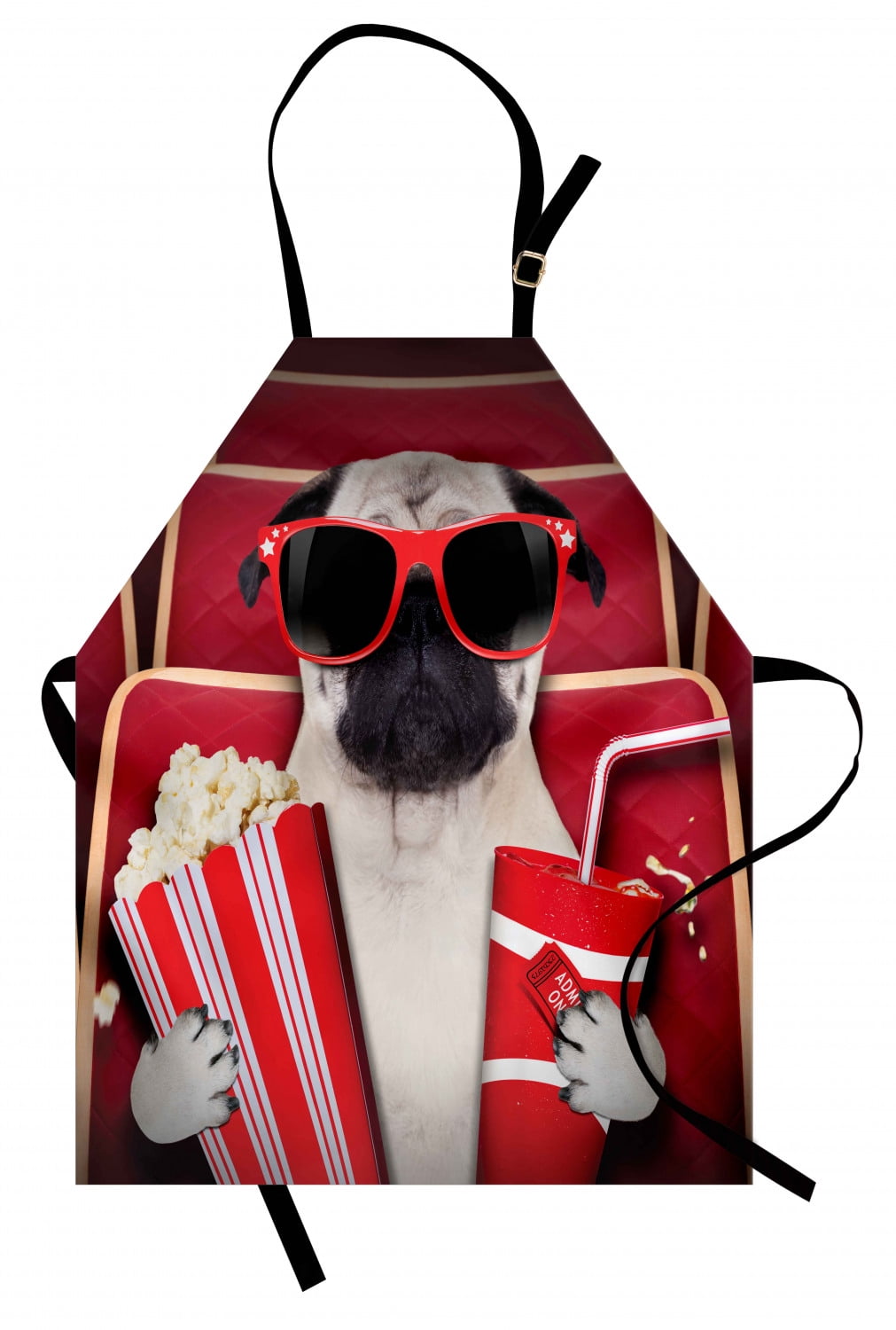 Pug Apron Funny Dog Watching Movie Popcorn Soft Drink and Glasses ...