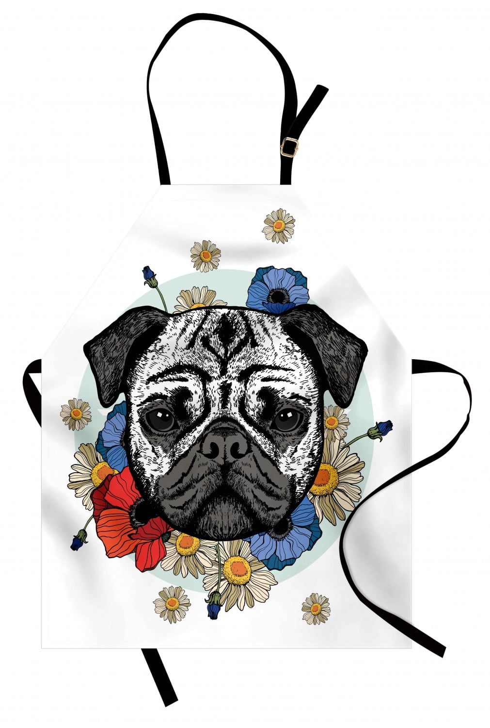 Pug Apron Head of a Dog Surrounded by Lively Spring Flowers Daisies and ...