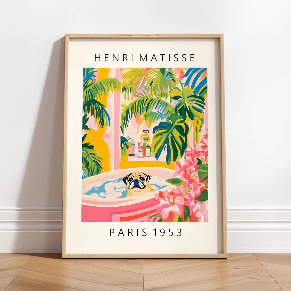Pug In Bathtub, Matisse Print, Funny Bathroom Wall Art, Dog Art Print ...