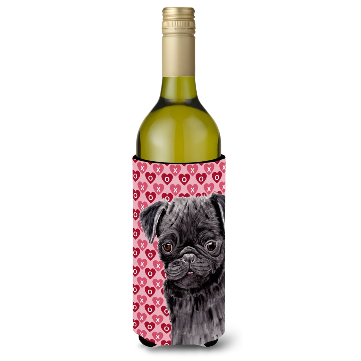 Pug Black Hearts Love and Valentines Day Portrait Wine Bottle Hugger ...