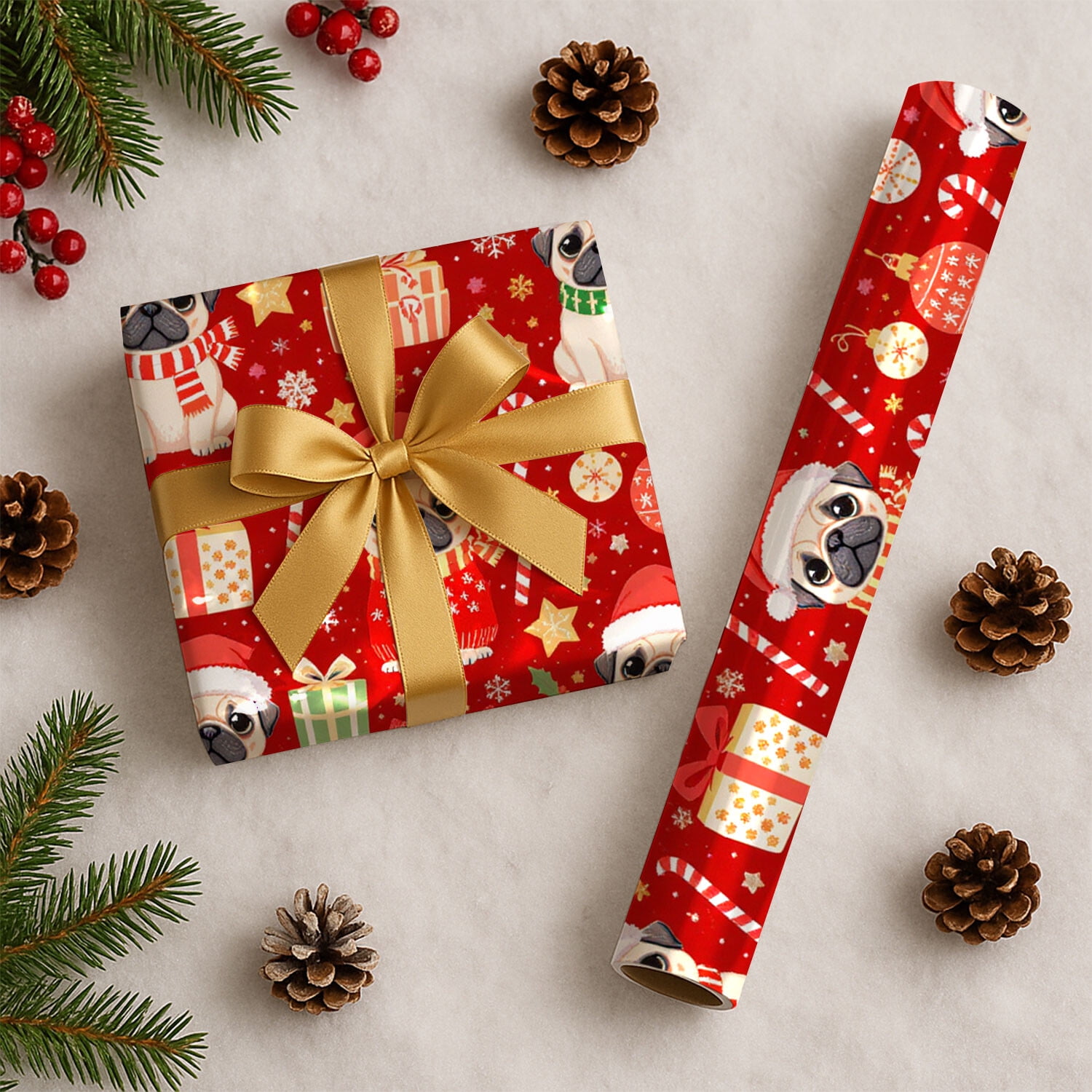 Pug Christmas Wrapping Paper Rolls, Pug Holiday Gift Wrapping Paper ...