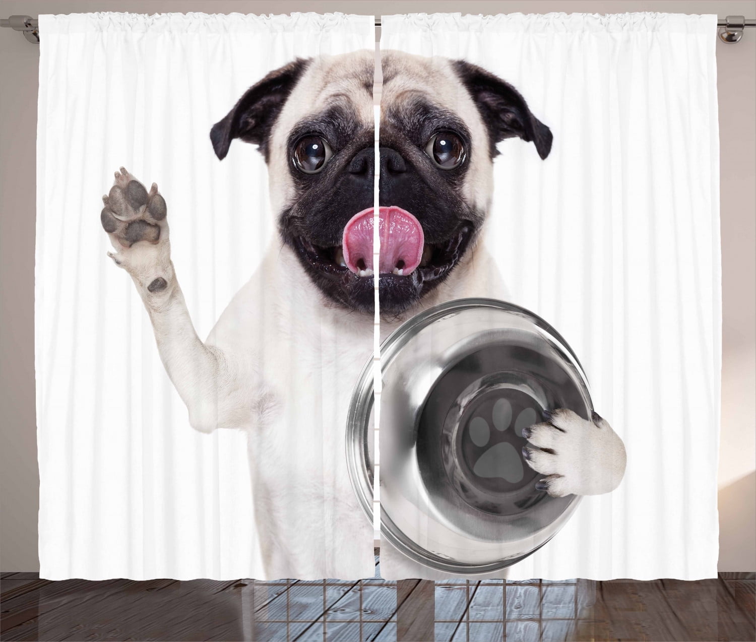Ambesonne Pug Curtains 2 Panel Set, Dog Holding Food Bowl, 108" x 90 ...