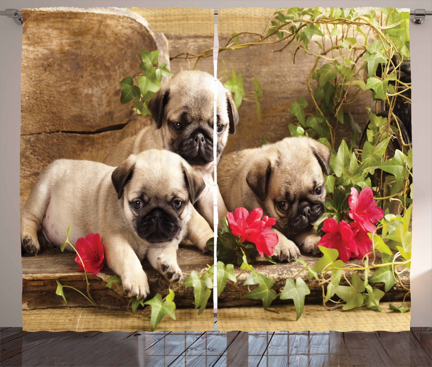 Pug Curtains 2 Panels Set, Cute Sibling Puppies with Floral Arrangement ...