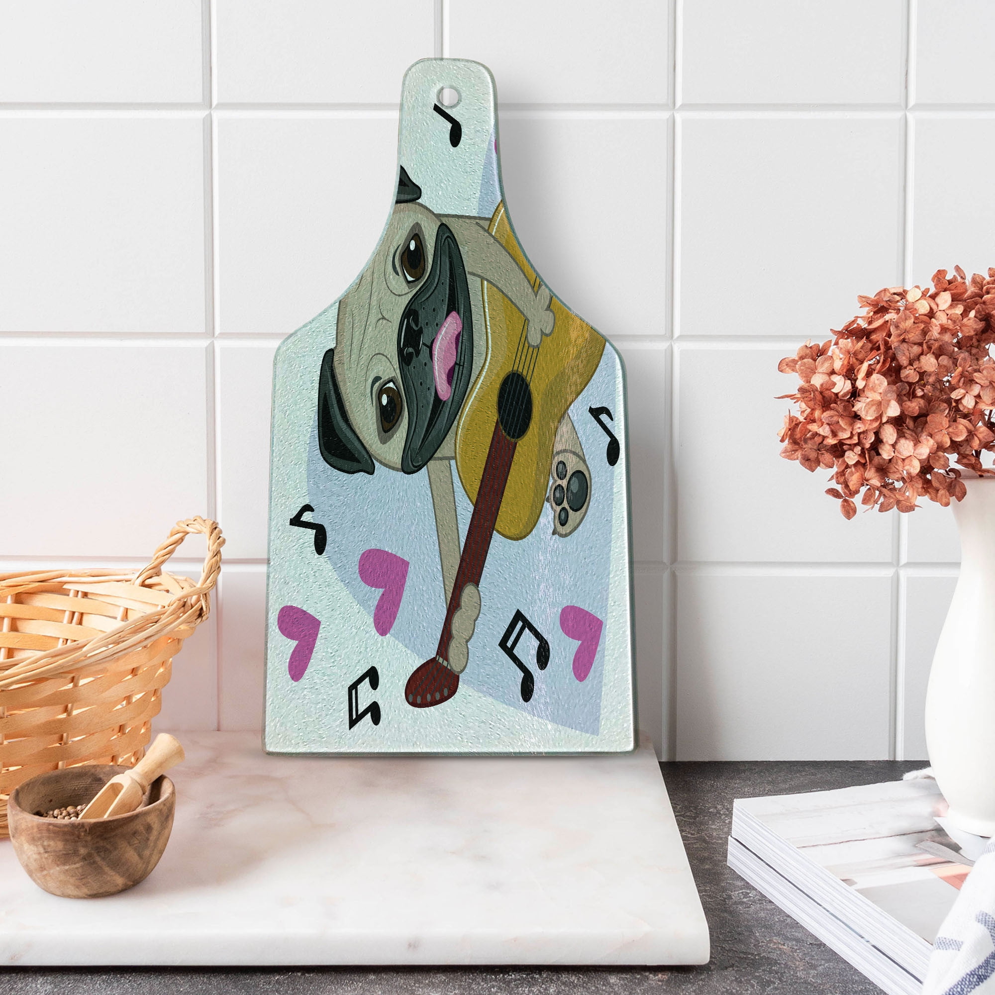 Pug Cutting Board, Pug Dog Playing Guitar Singing with Pink Hearts ...