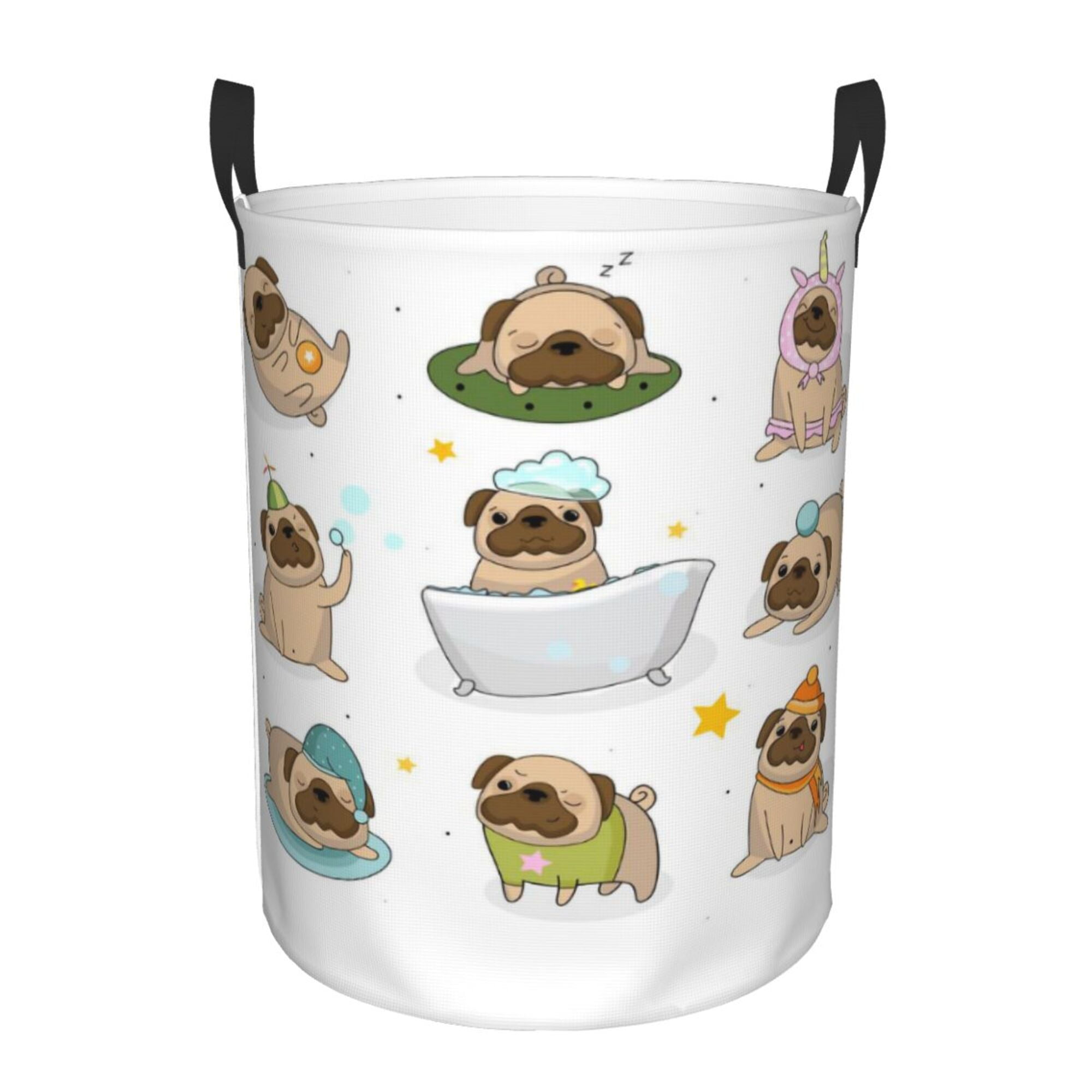 Pug Dog Set Hand Drawn Pug Stickers Circular Laundry Basket (With ...