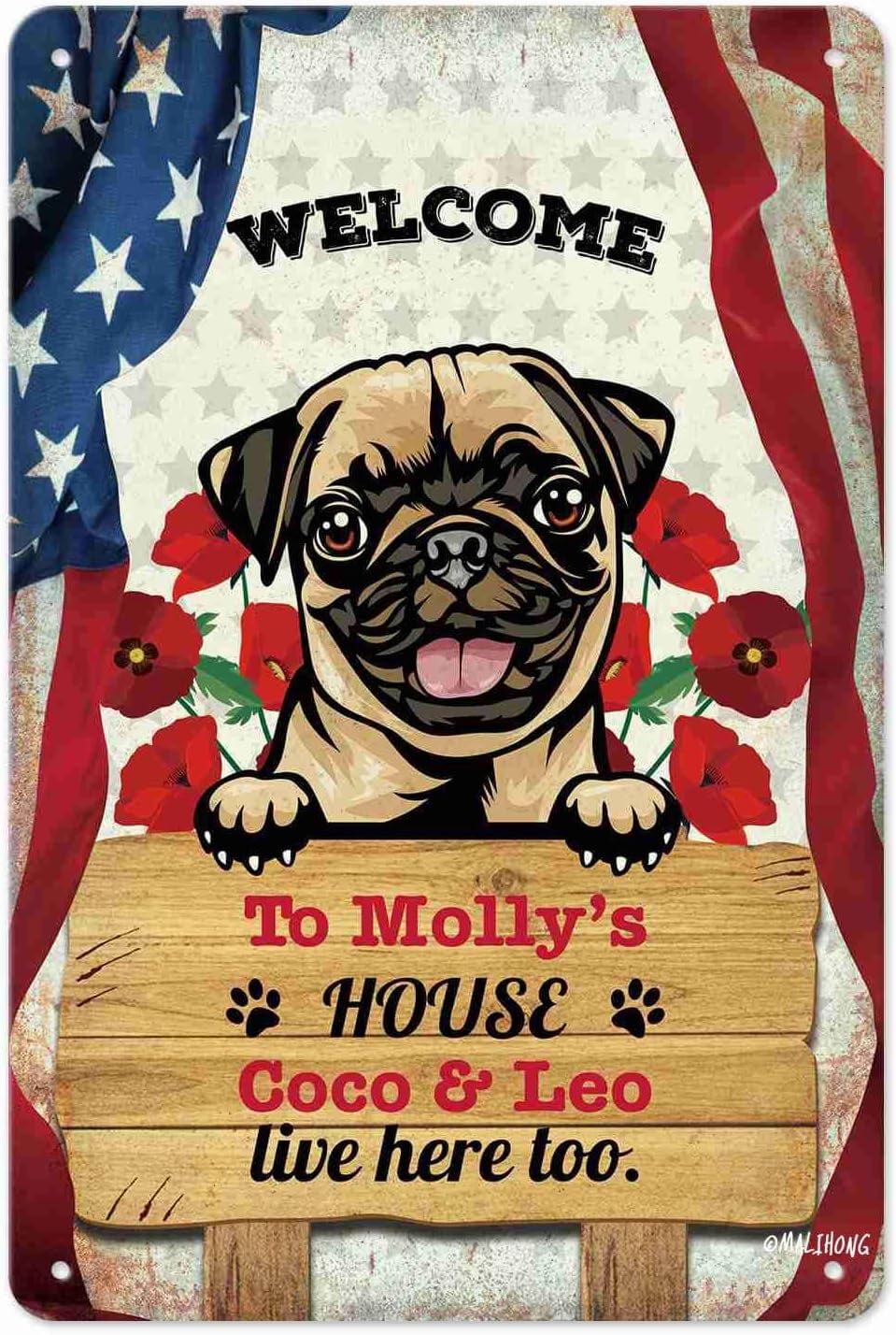Pug Dog Sign American Flag Sunflower Welcome Metal Sign Dog Warming ...