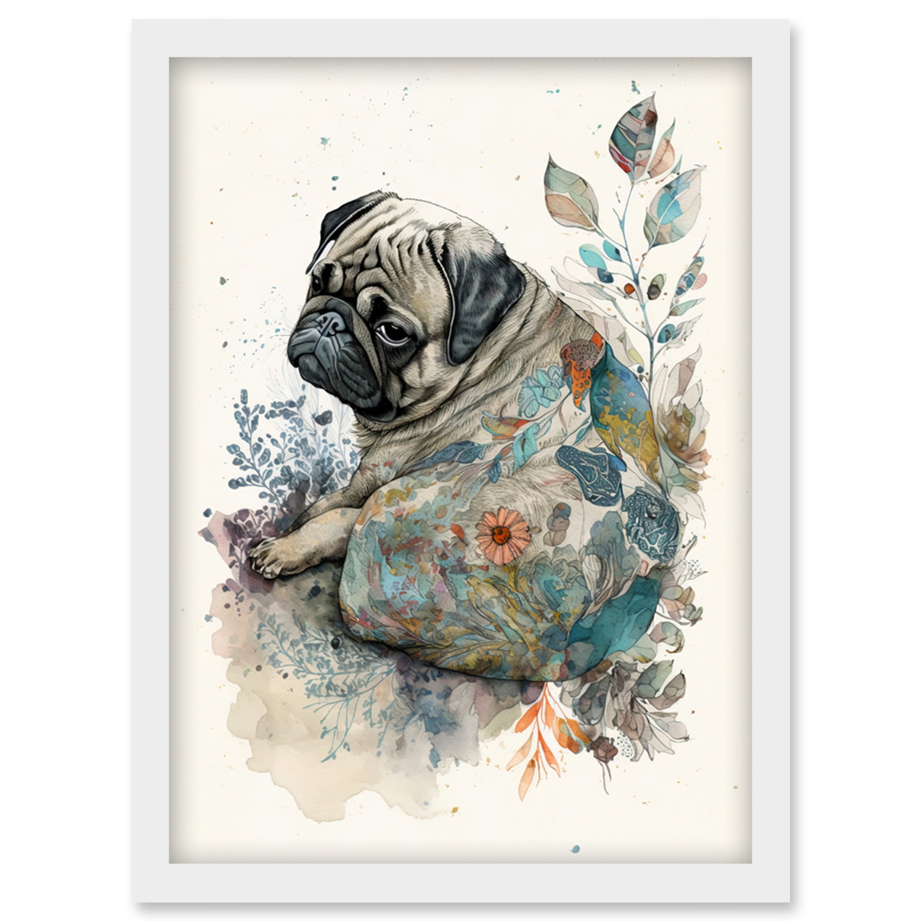 Pug Dog with Floral Pattern Modern Multicoloured Watercolour ...