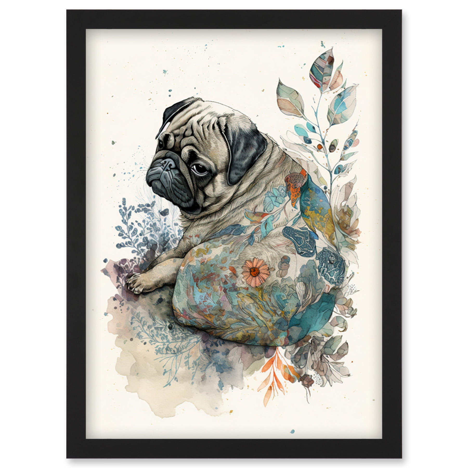Pug Dog with Floral Pattern Modern Multicoloured Watercolour ...
