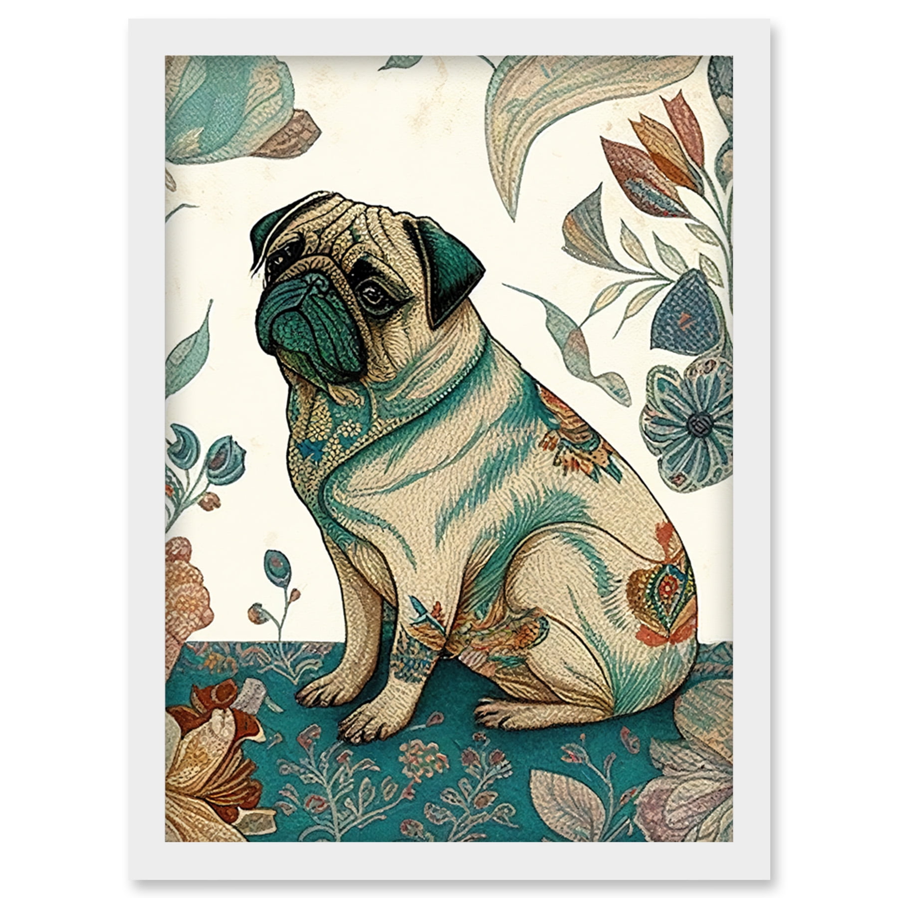 Pug Dog with Floral Patterns Vintage Inspired Multicoloured Linocut ...