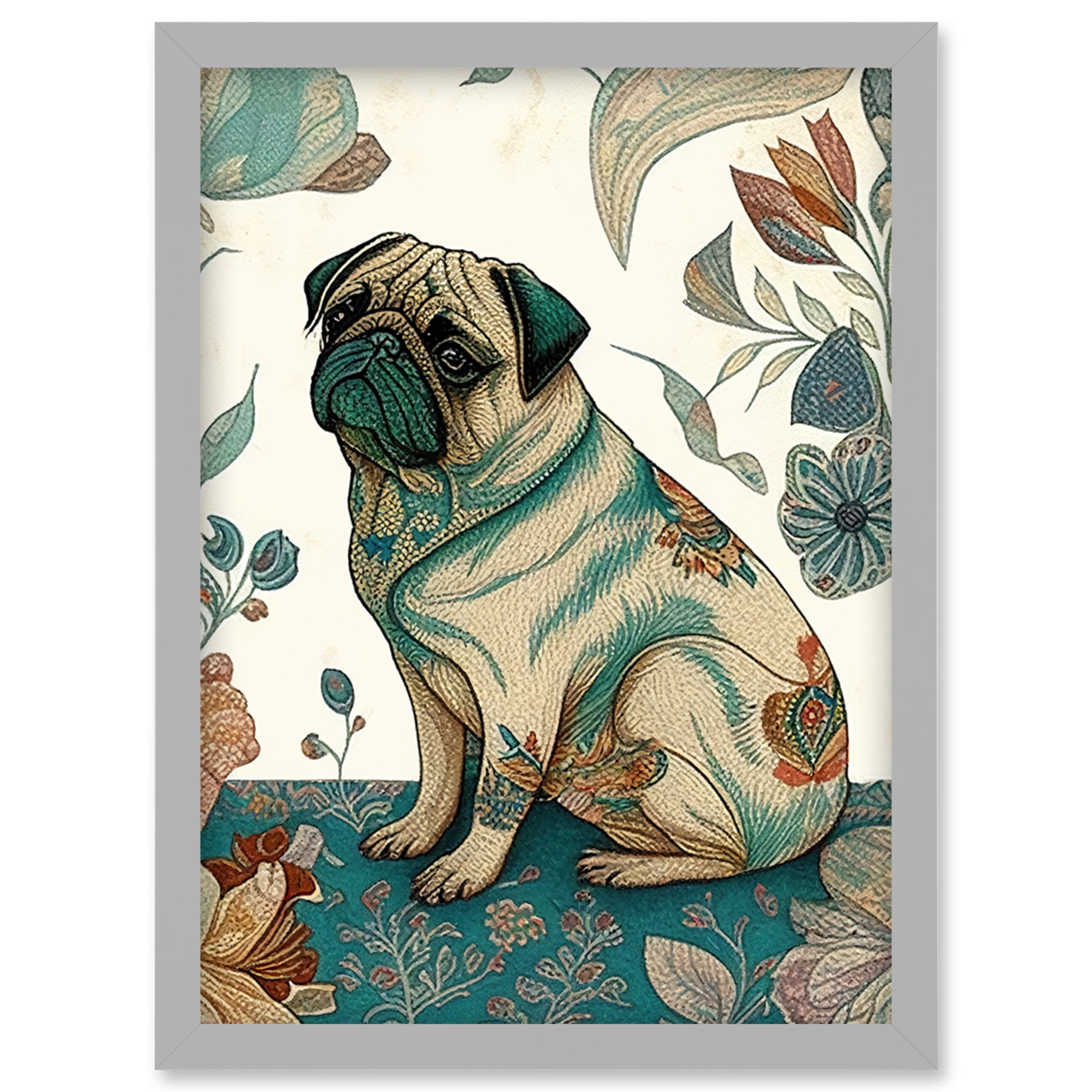 Pug Dog with Floral Patterns Vintage Inspired Multicoloured Linocut ...