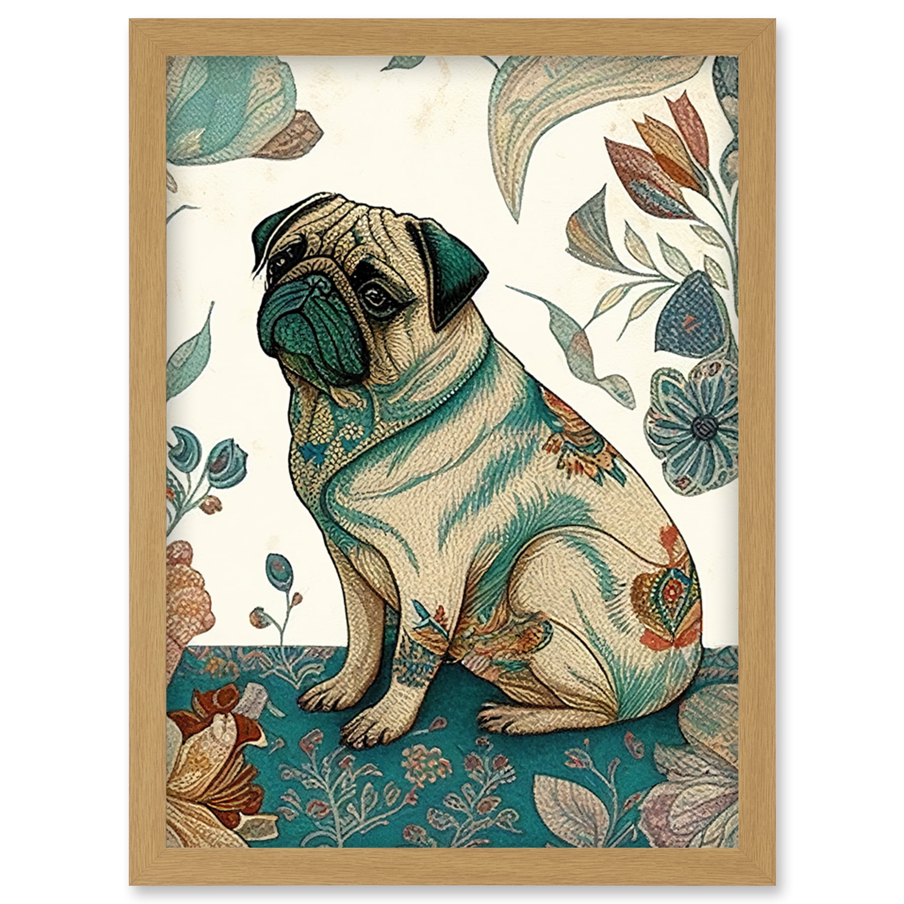 Pug Dog with Floral Patterns Vintage Inspired Multicoloured Linocut ...